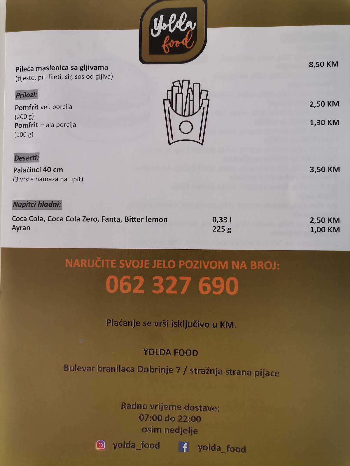 Menu at Yolda food restaurant, Sarajevo