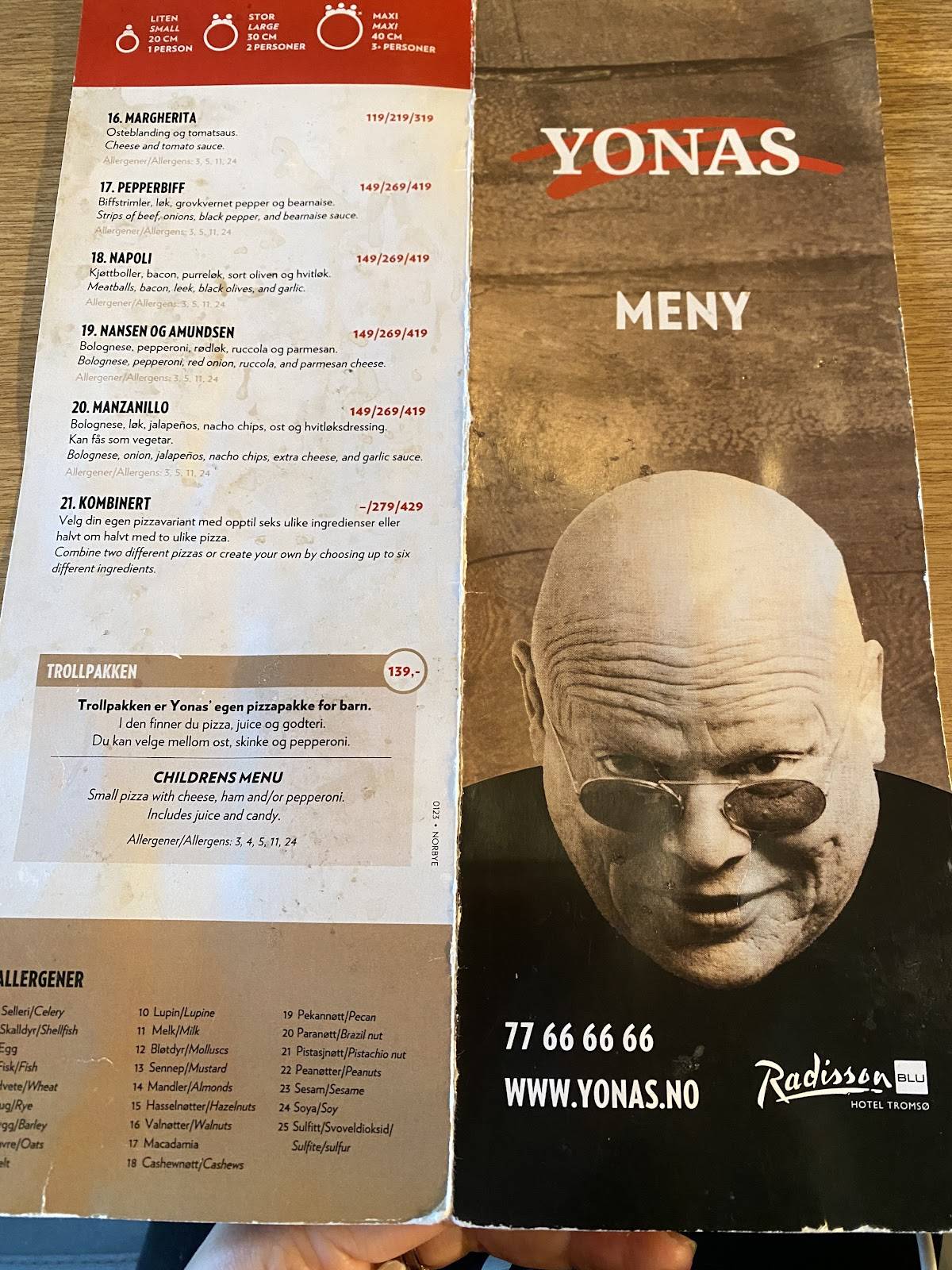Menu at Yonas Pizzeria, Tromsø