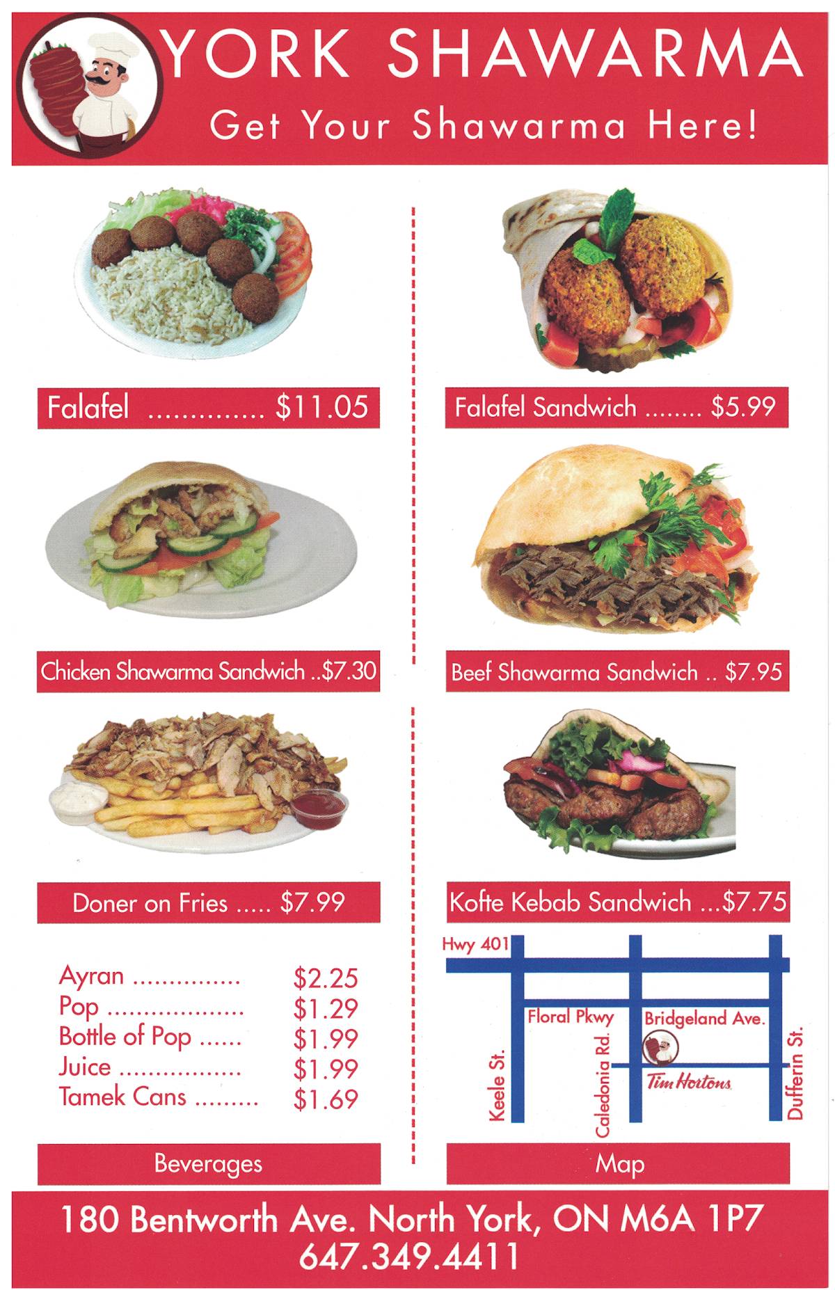 Menu at York Shawarma restaurant, Toronto, 180 Bentworth Ave