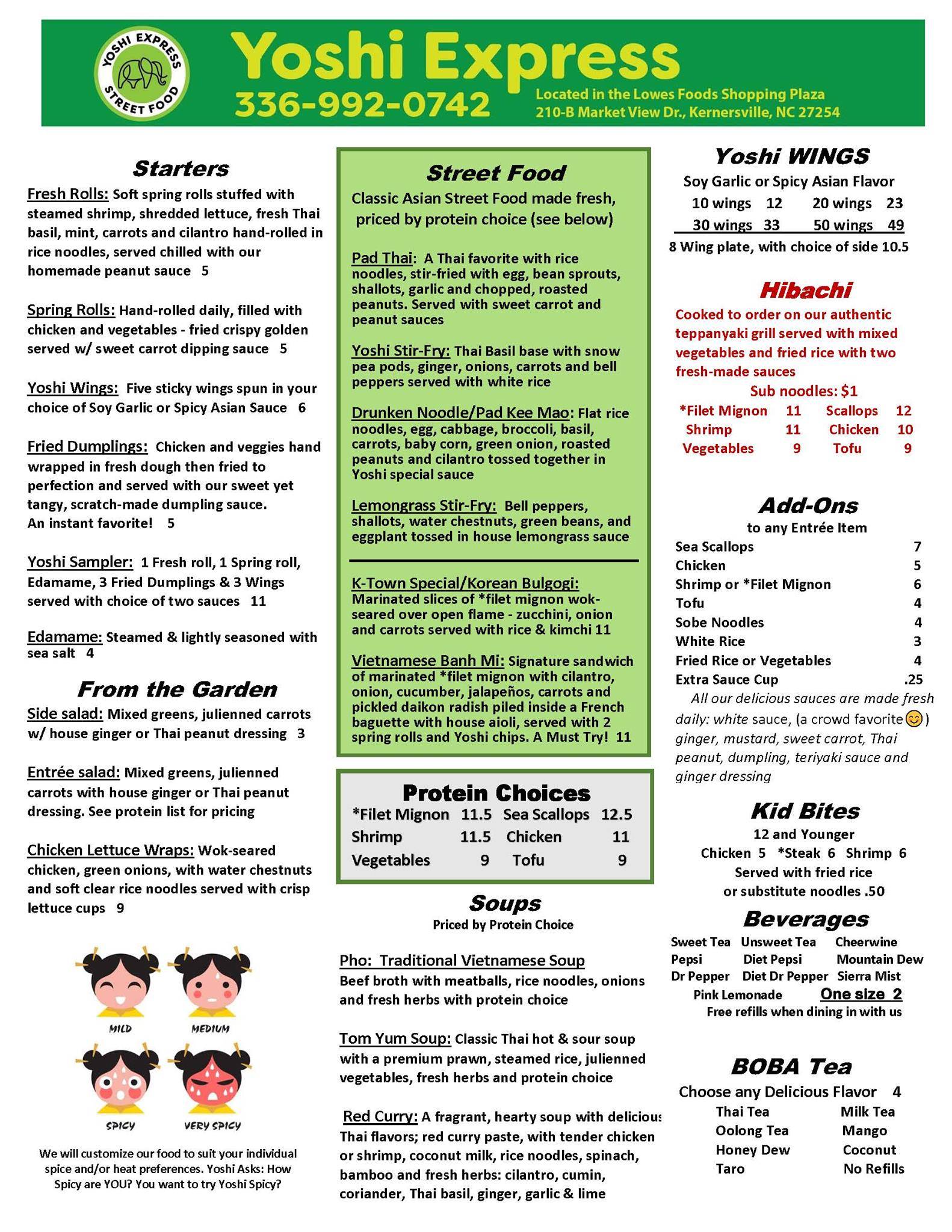 Menu at Yoshi Express restaurant, Kernersville