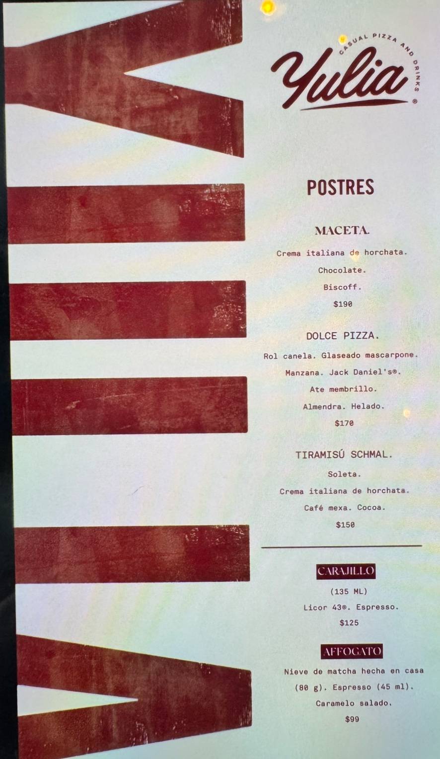 Carta de pizzería Yulia Paseo Tec, Monterrey