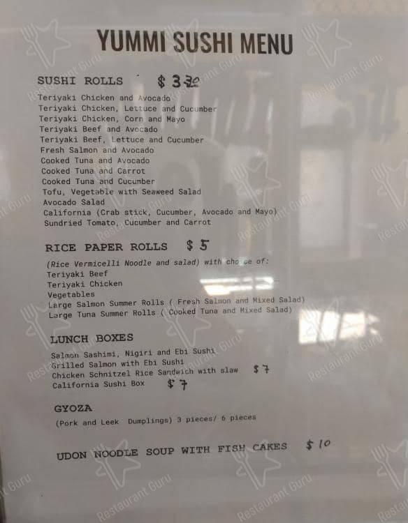 Menu at Yummi Sushi restaurant, Sutherland, 3/31 Eton St