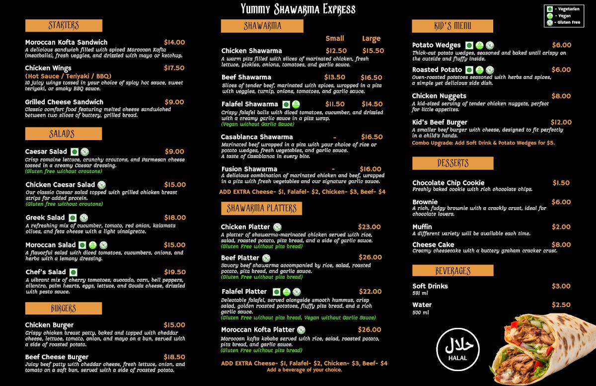 Menu at Yummy Shawarma Express restaurant, Campbell River