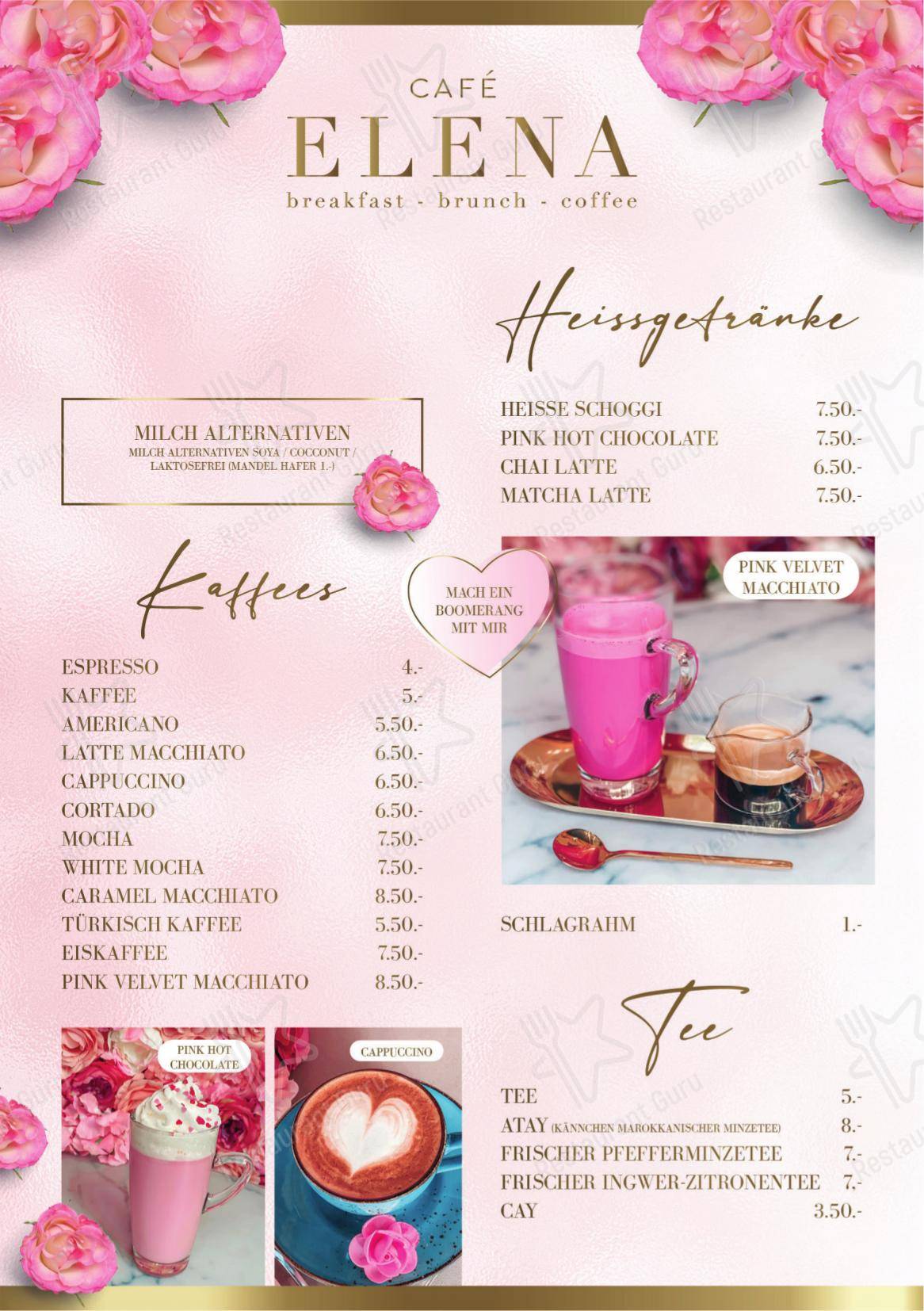 Speisekarte von Café Elena, Zürich