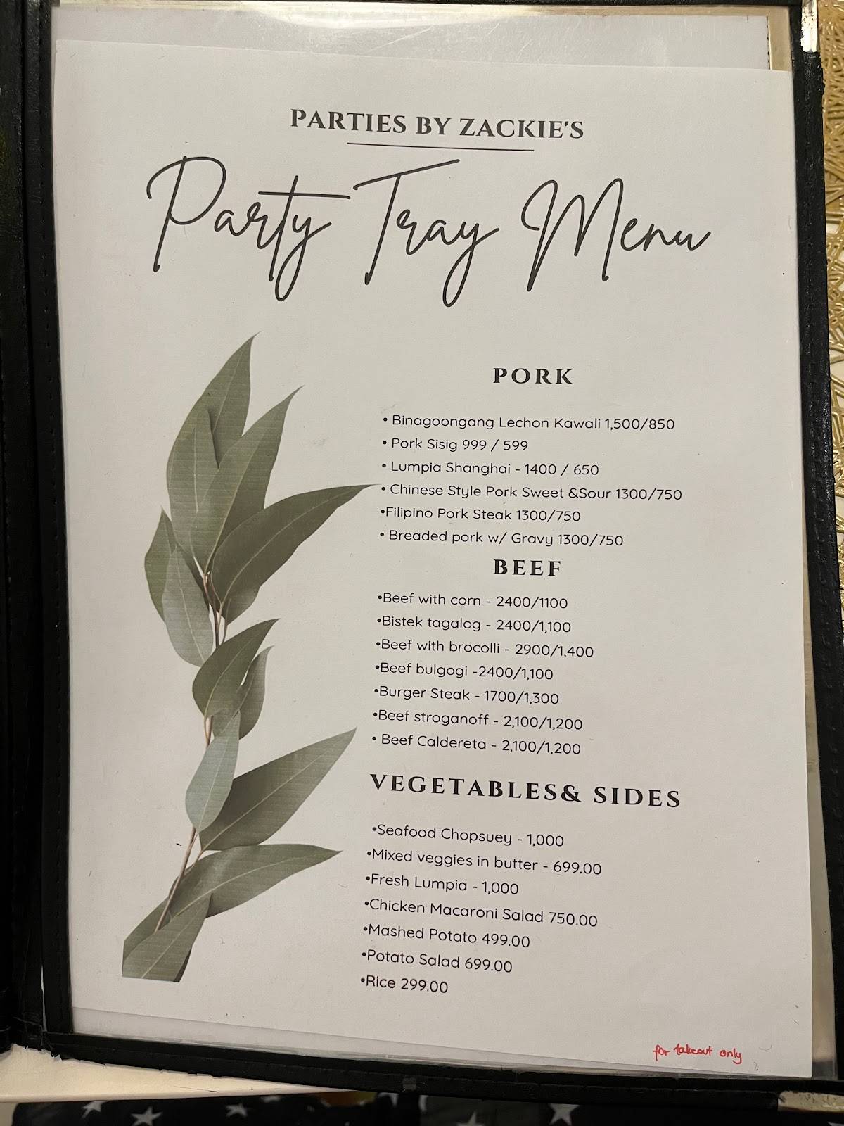 Menu at Zackie’s Restaurant, Cabadbaran City