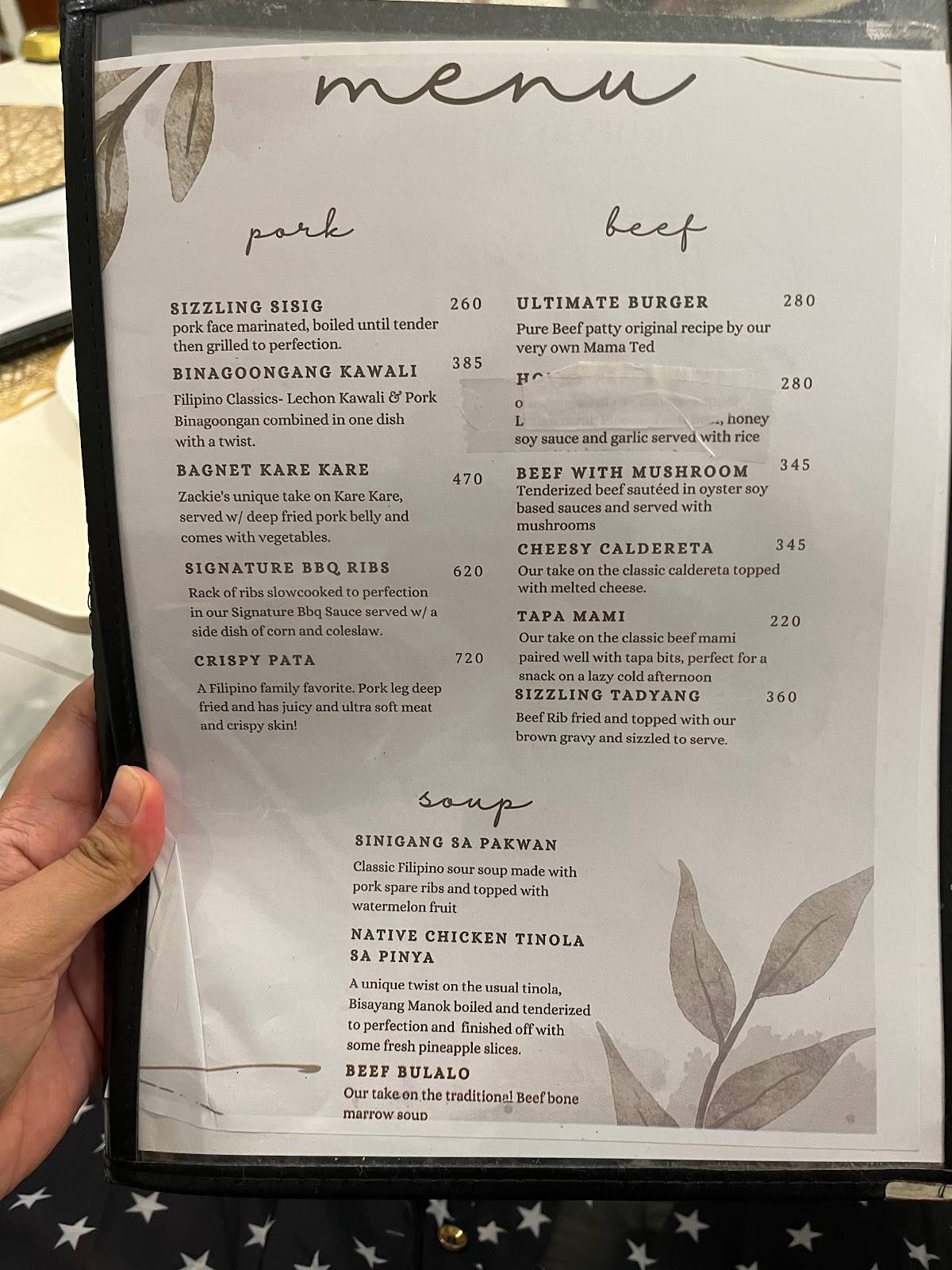 Menu at Zackie’s Restaurant, Cabadbaran City