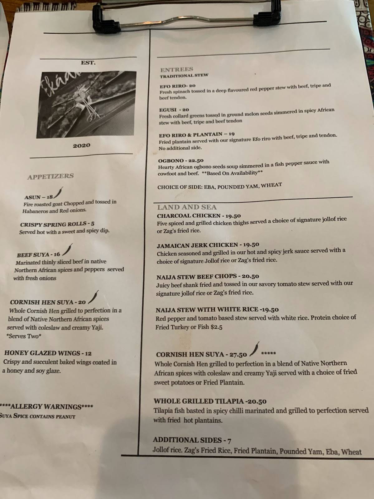 Menu at Zag Afro-fusion Cuisine restaurant, The Colony