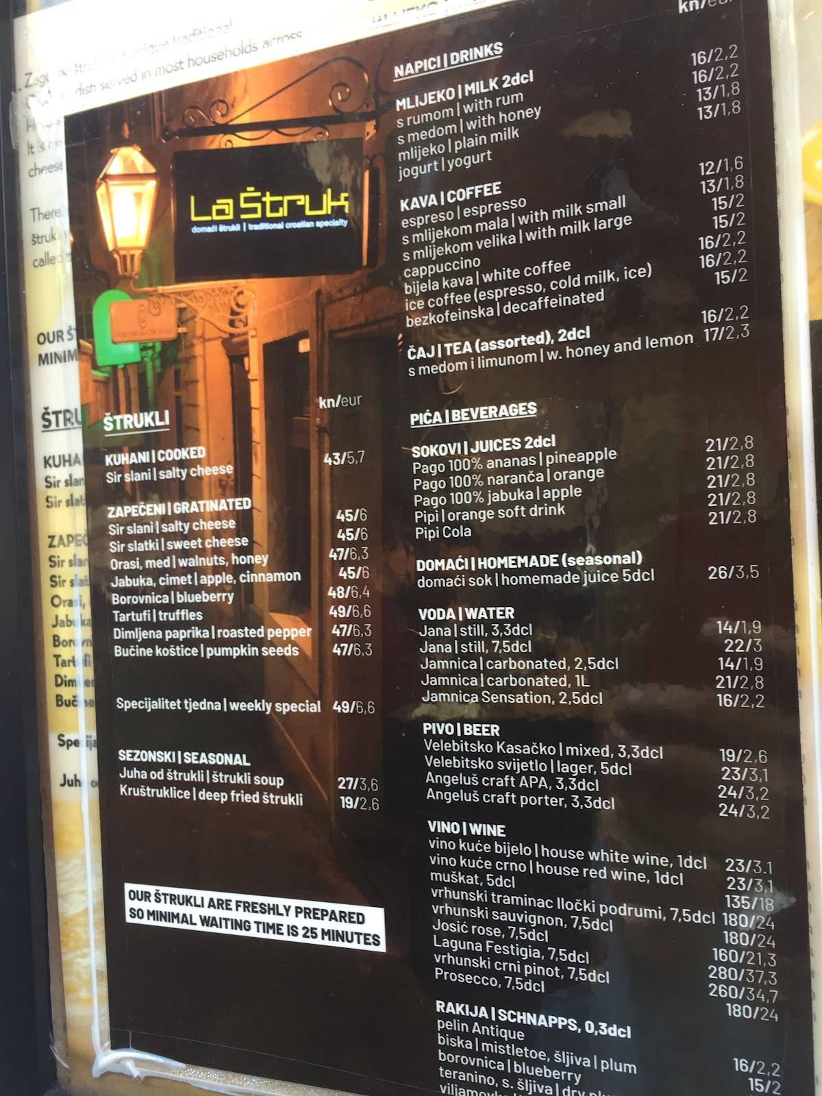 Menu at La Štruk restaurant, Zagreb