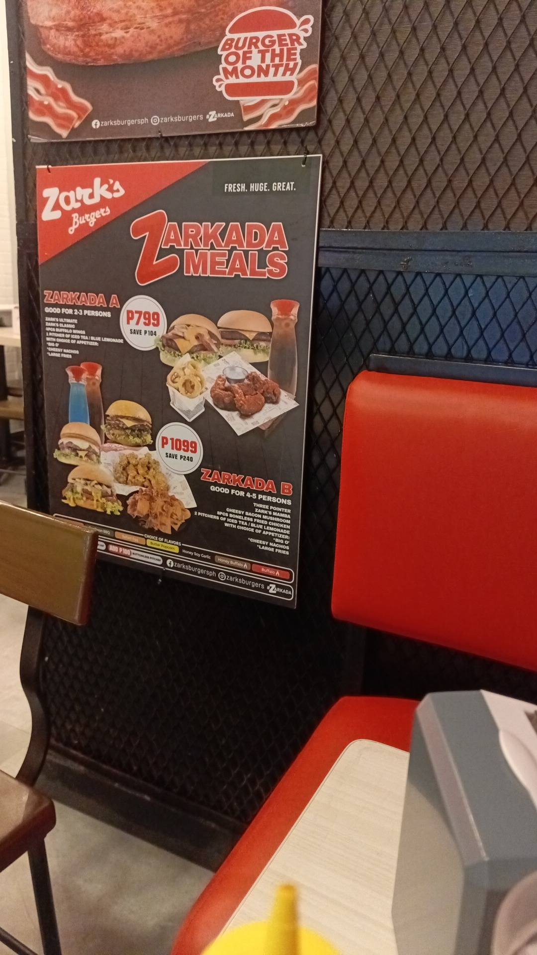 Menu at Zark's Burgers restaurant, Calamba