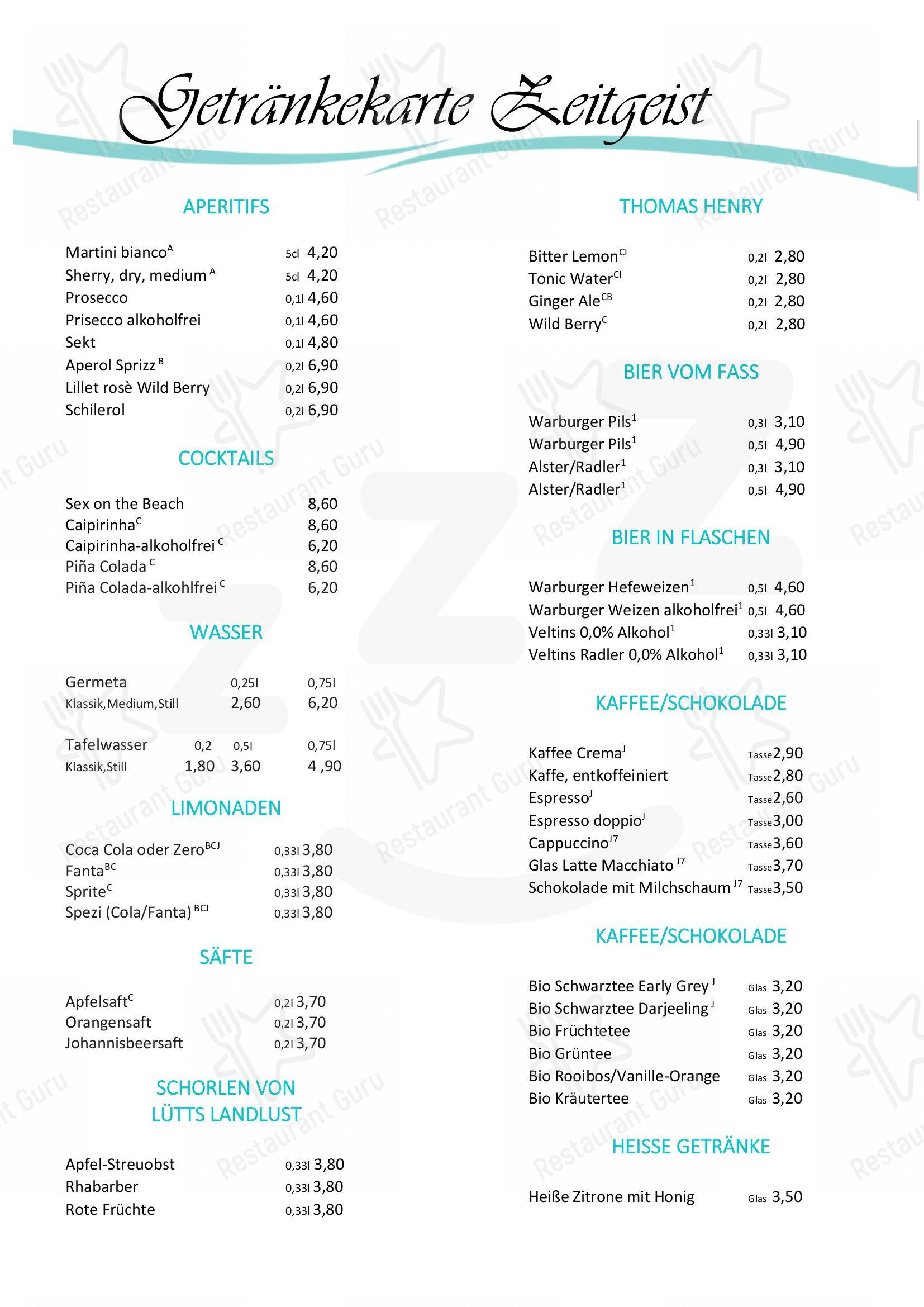 Menu at Zeitgeist, Warburg