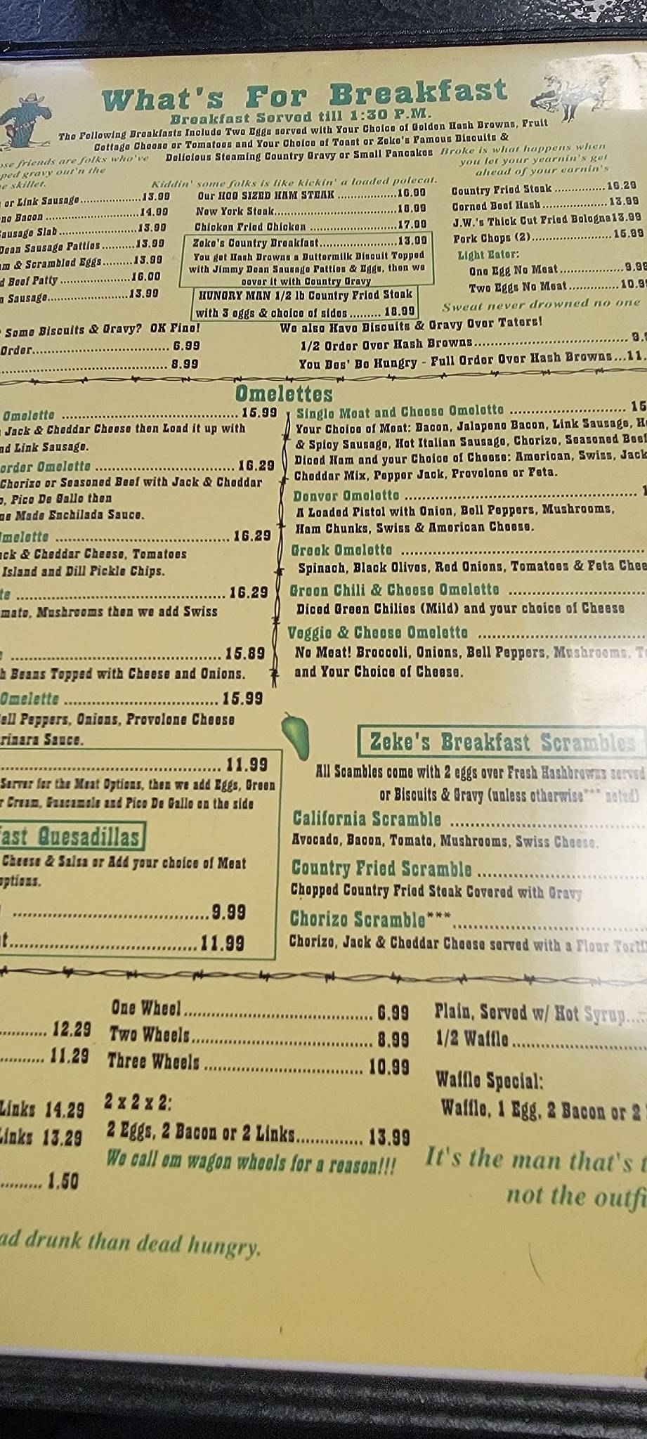 Menu at Zeke's Eatin' Place restaurant, Prescott