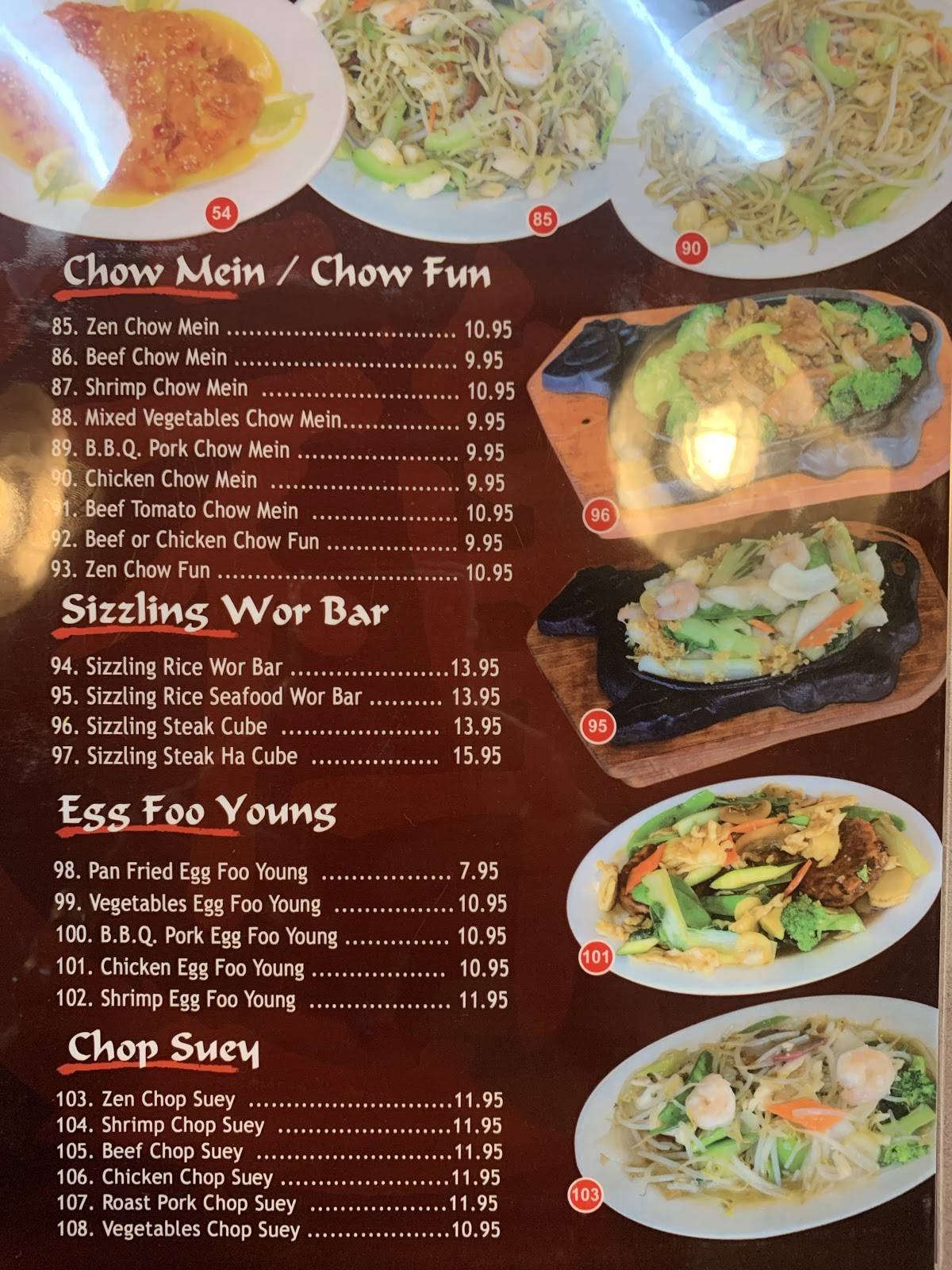 Menu at Zen Asian Diner restaurant, Visalia