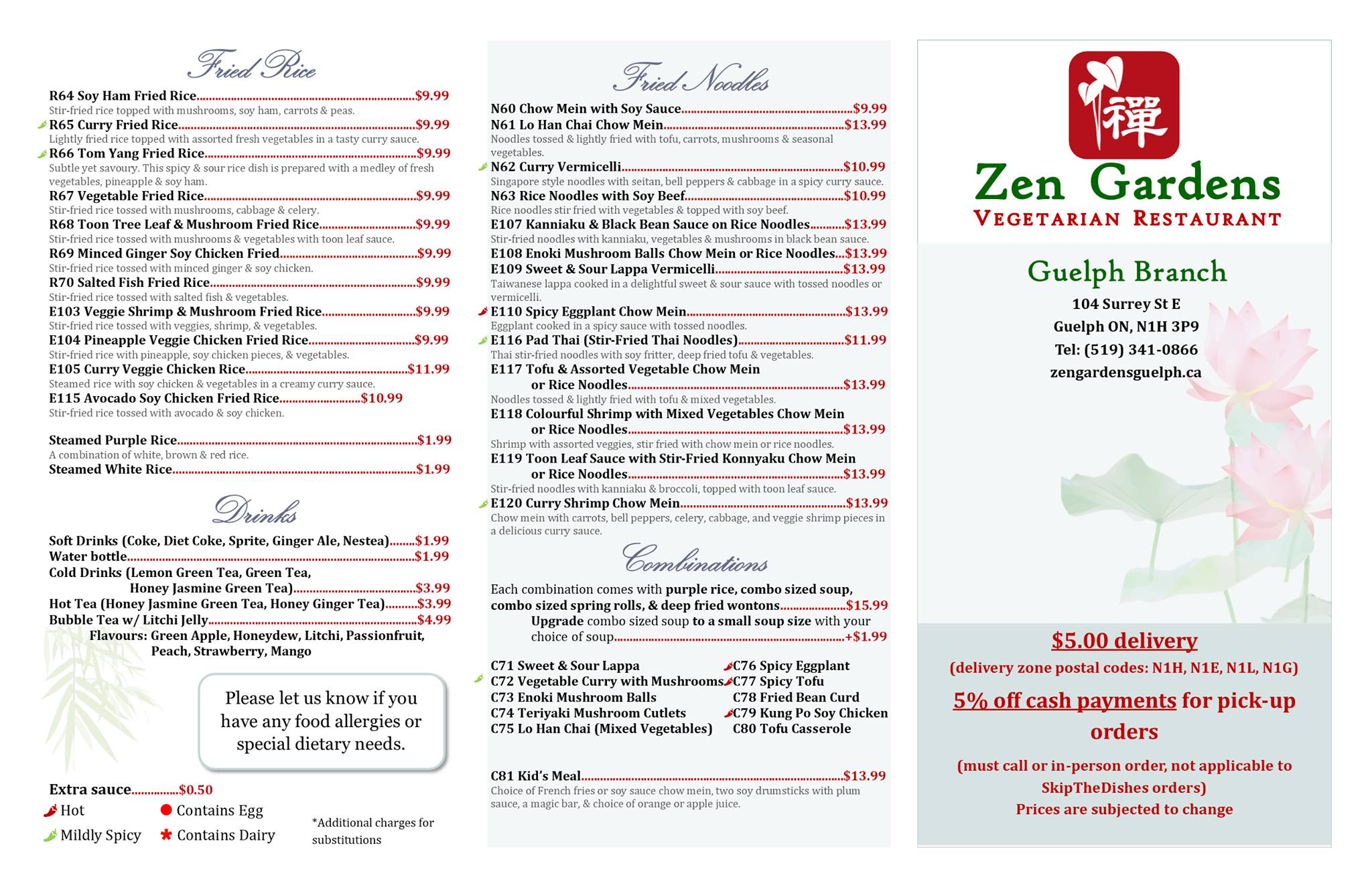 Menu at Zen Gardens restaurant, Guelph