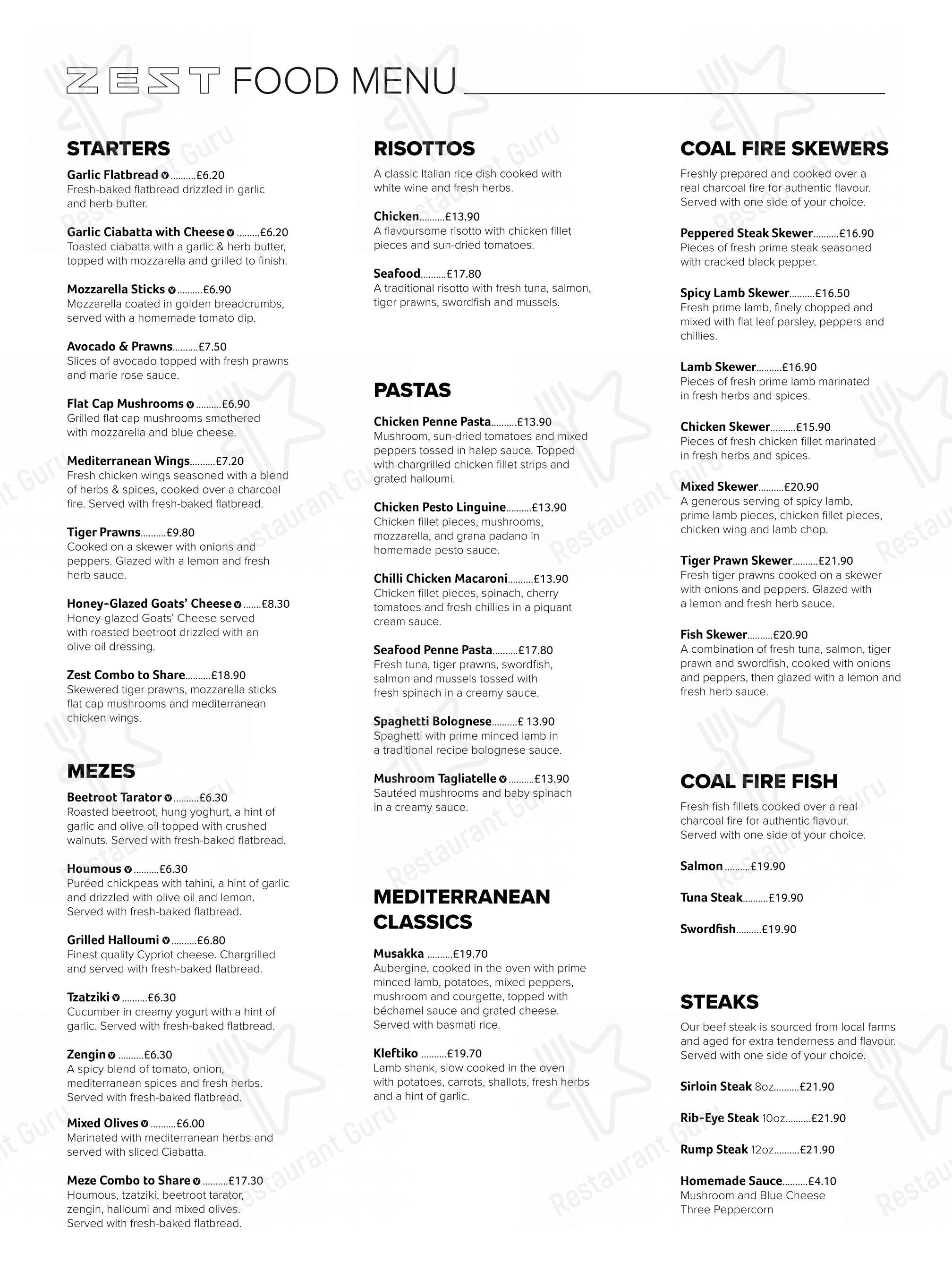 Menu at Zest Bar & Grill, Doncaster