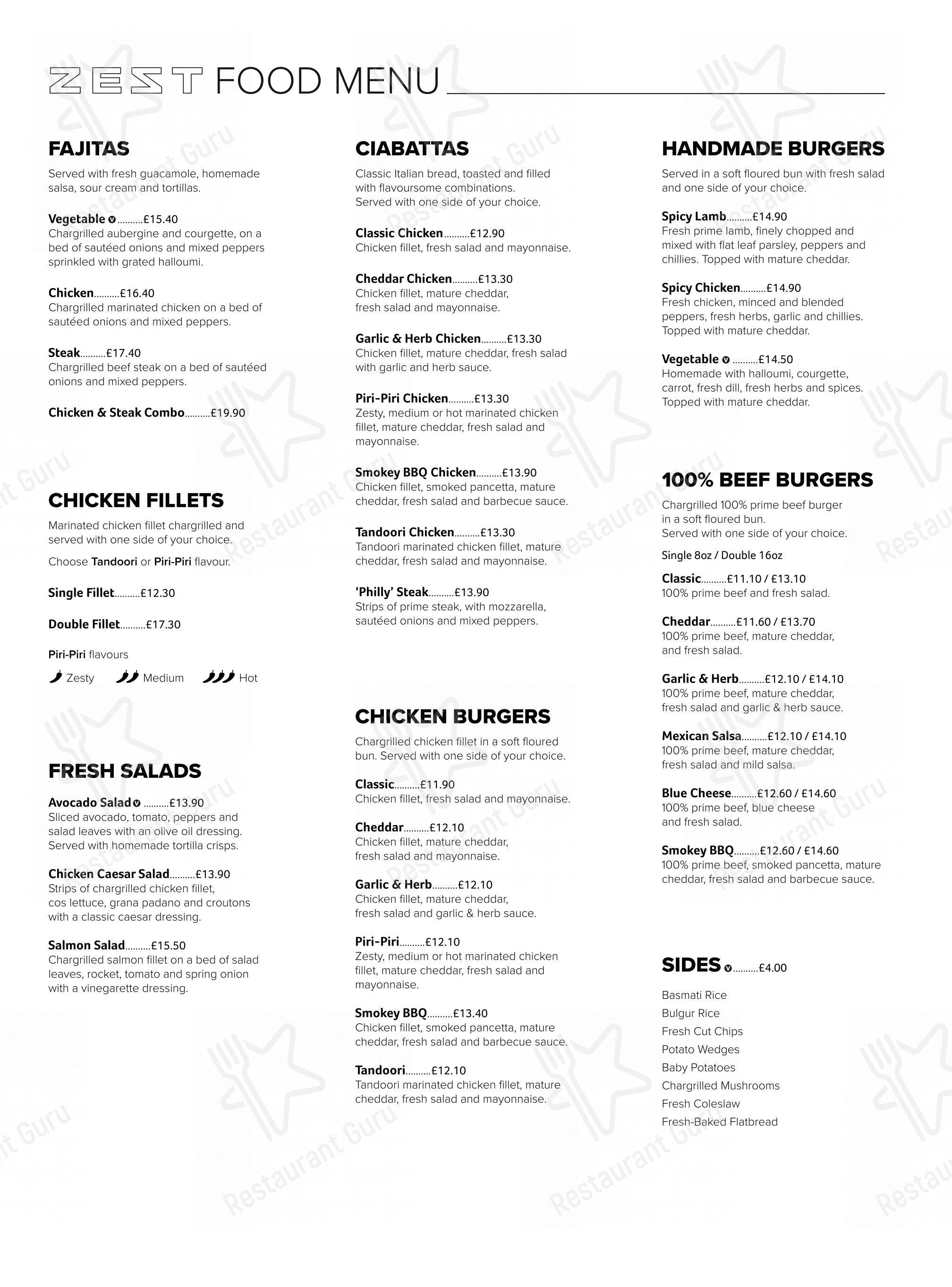 Menu at Zest Bar & Grill, Doncaster