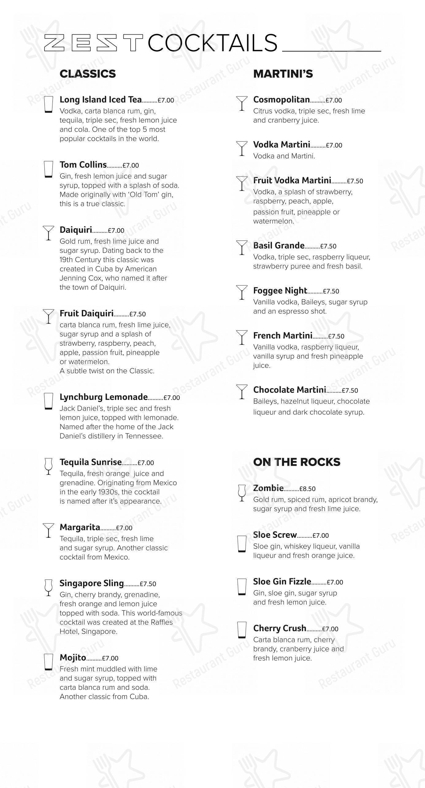Menu at Zest Bar & Grill, Doncaster