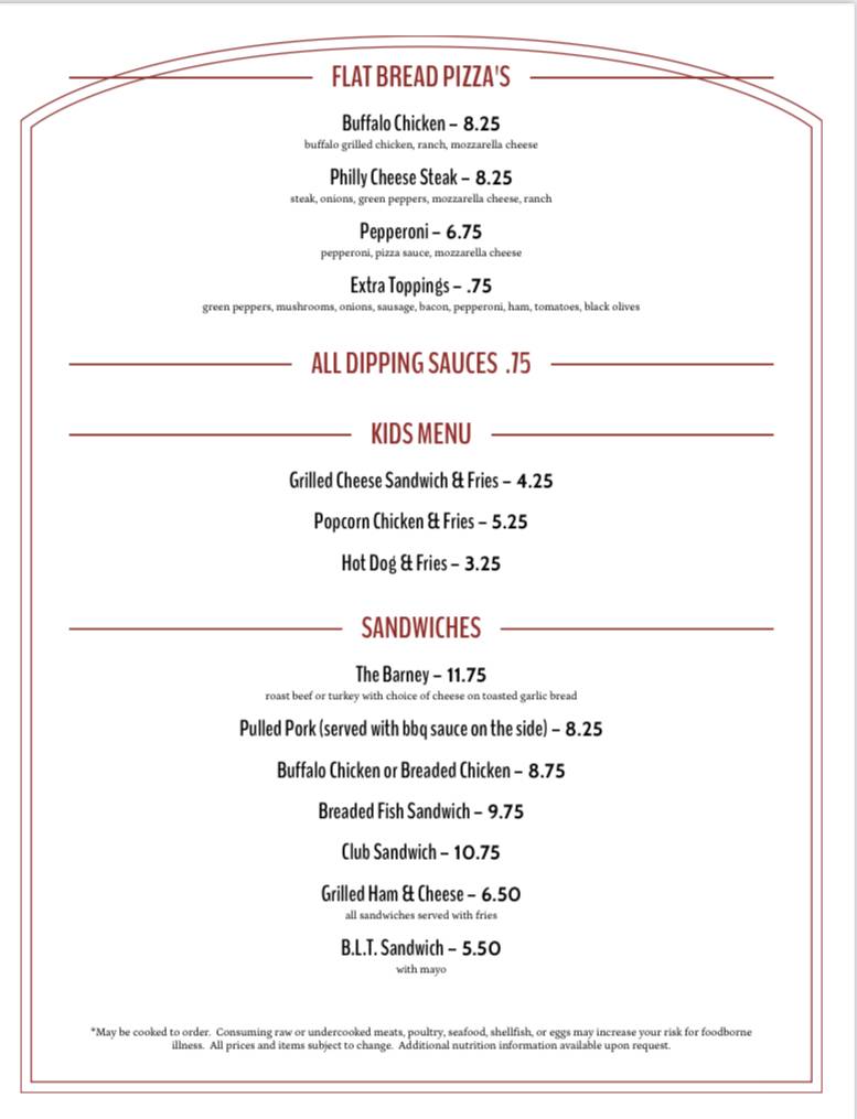 Menu at Zmac's Riverside Pub, Hollidaysburg