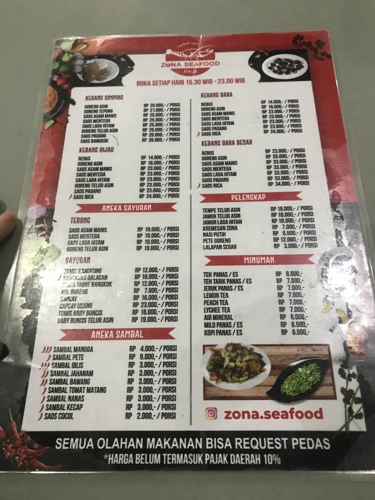 Menu at Zona Seafood (Jl. Magelang) restaurant, Sendangadi
