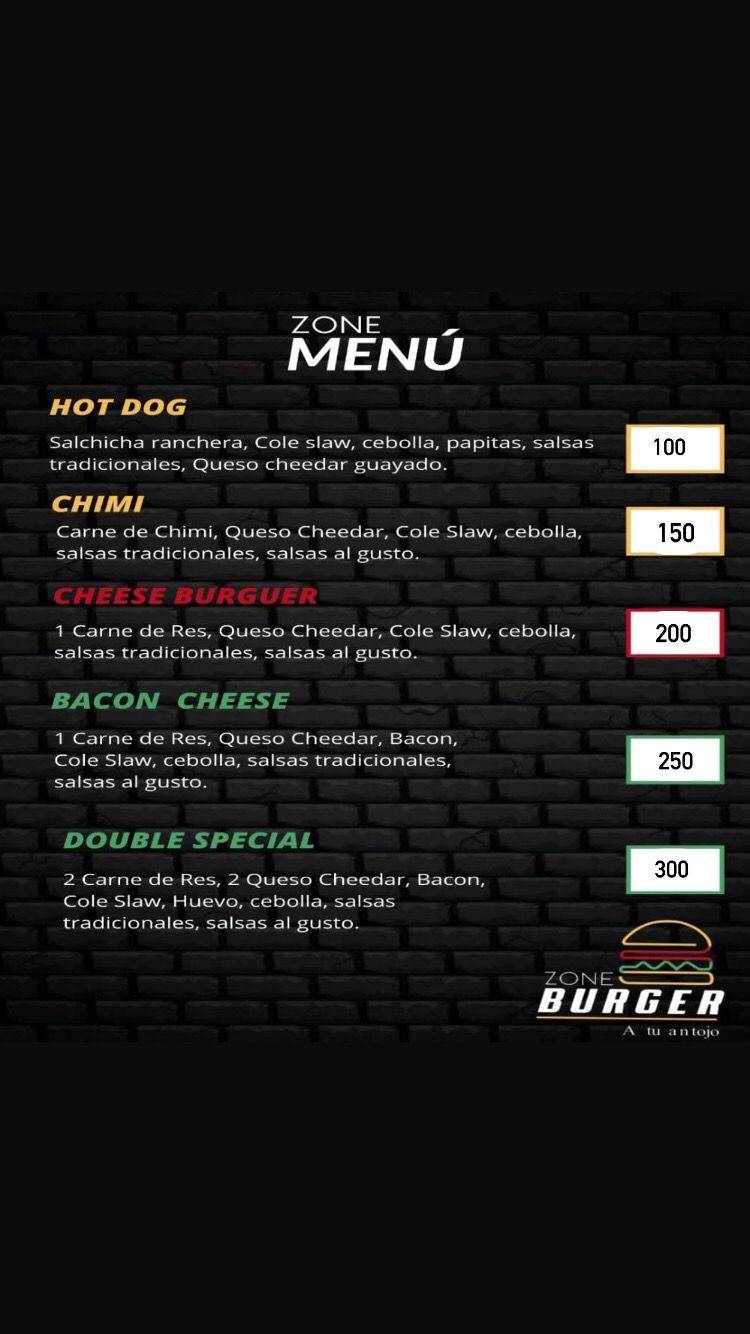 Carta del restaurante Zone Burger, Santo Domingo, C. Francisco Prats ...