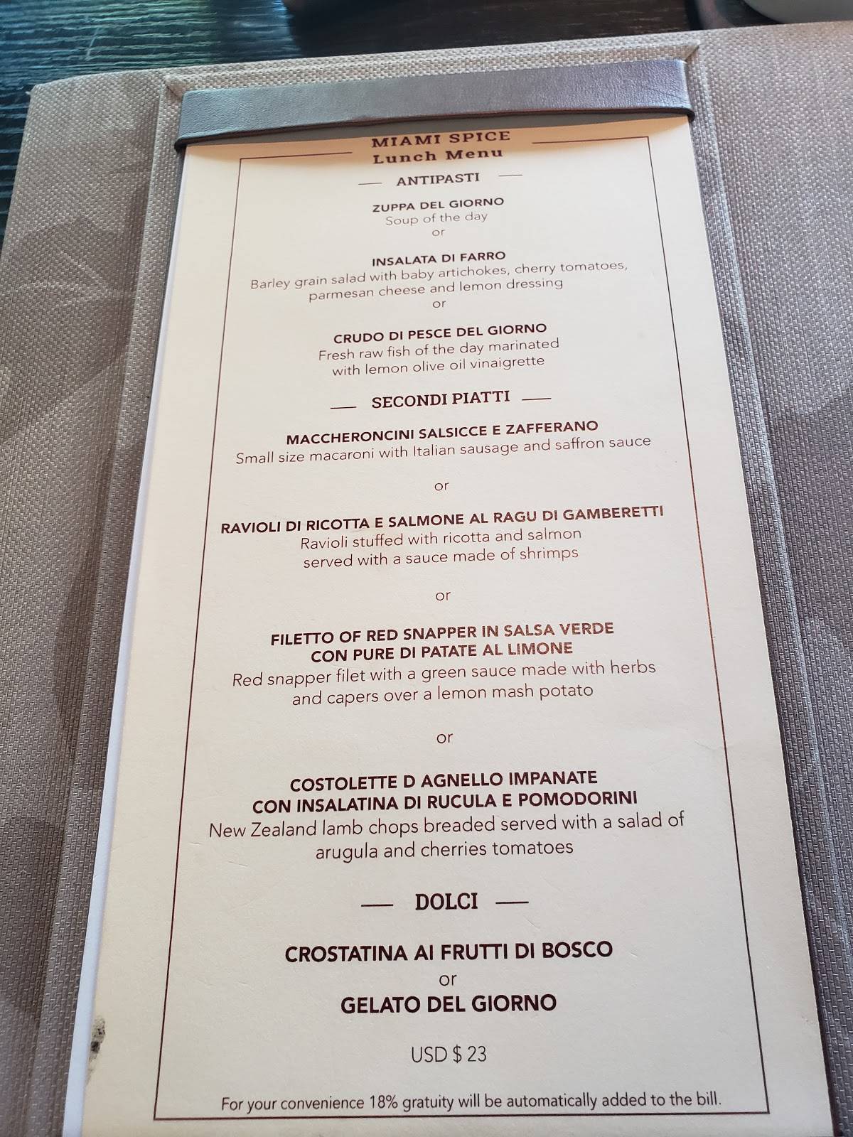 Menu at Zucca restaurant, Coral Gables