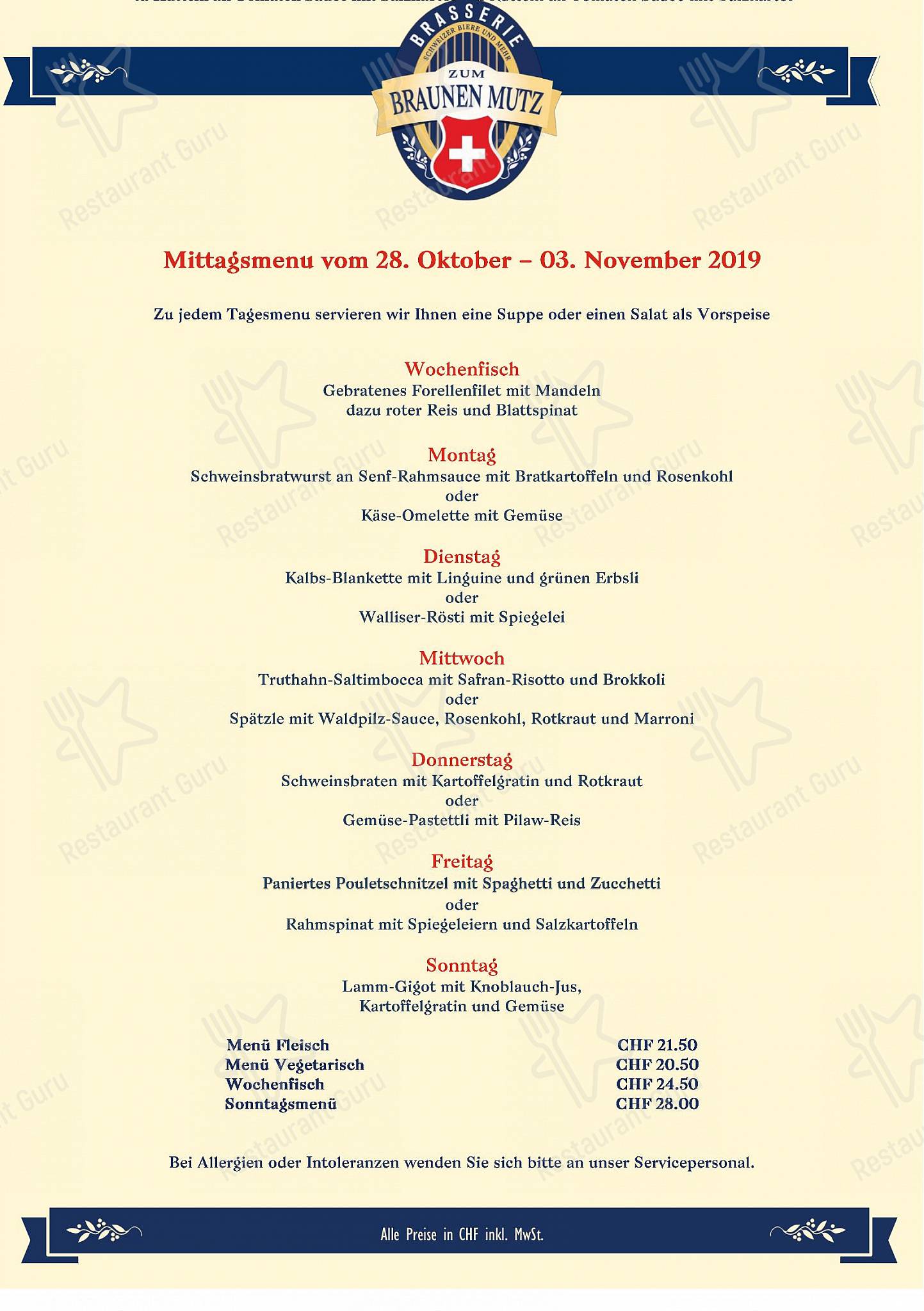 Speisekarte von Brasserie Zum Braunen Mutz, Basel, Barfüsserpl. 10