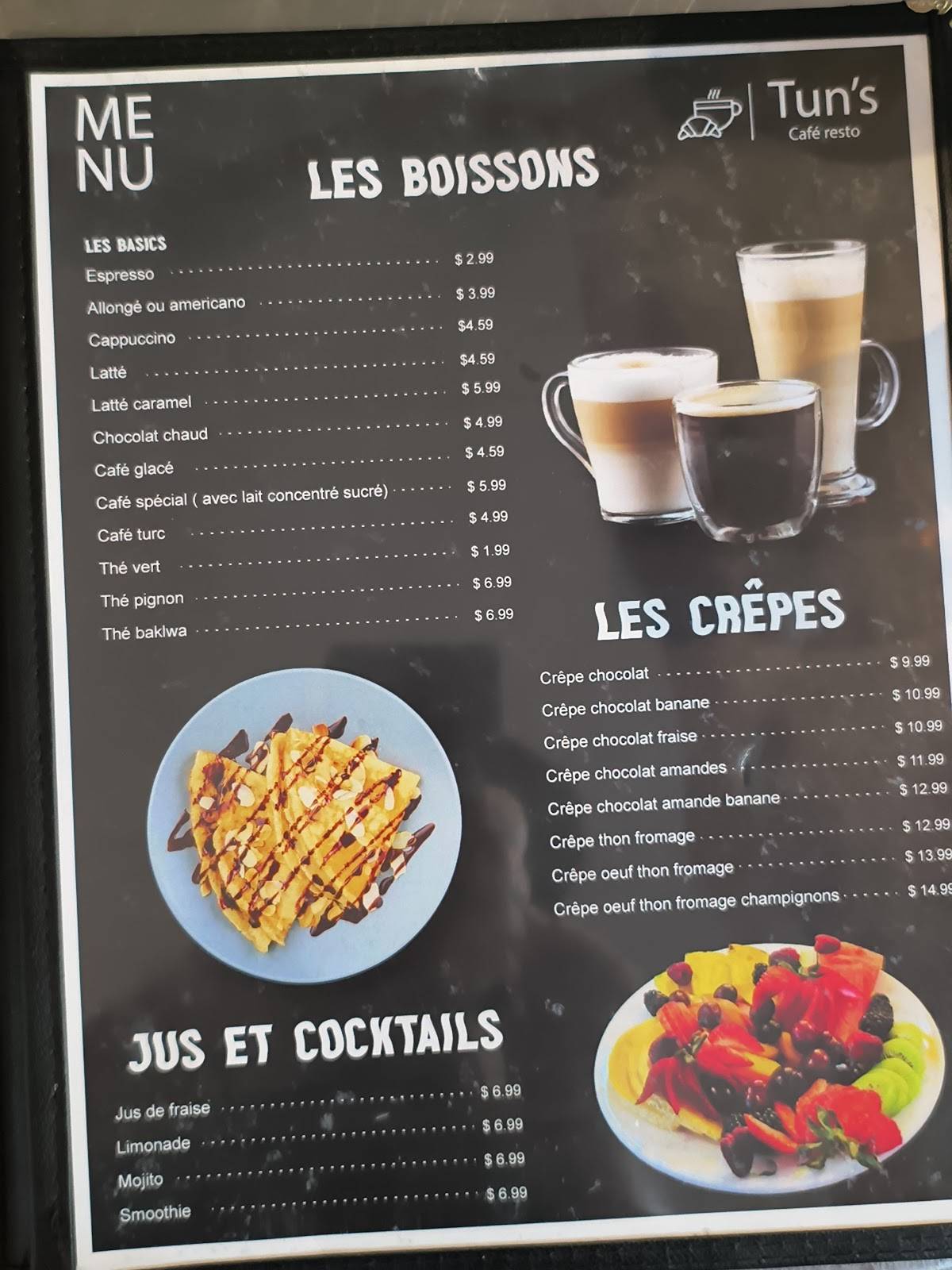 Menu au café resto tun’s, Québec