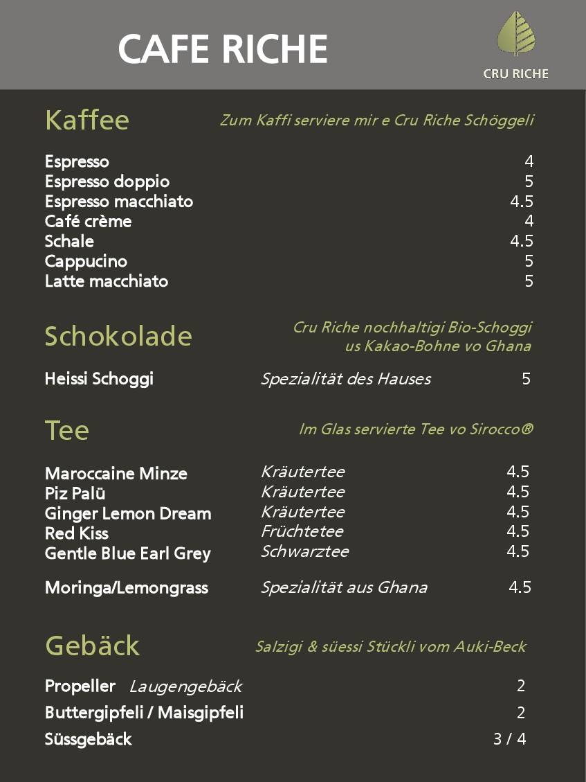 Speisekarte von café riche, Rheinfelden