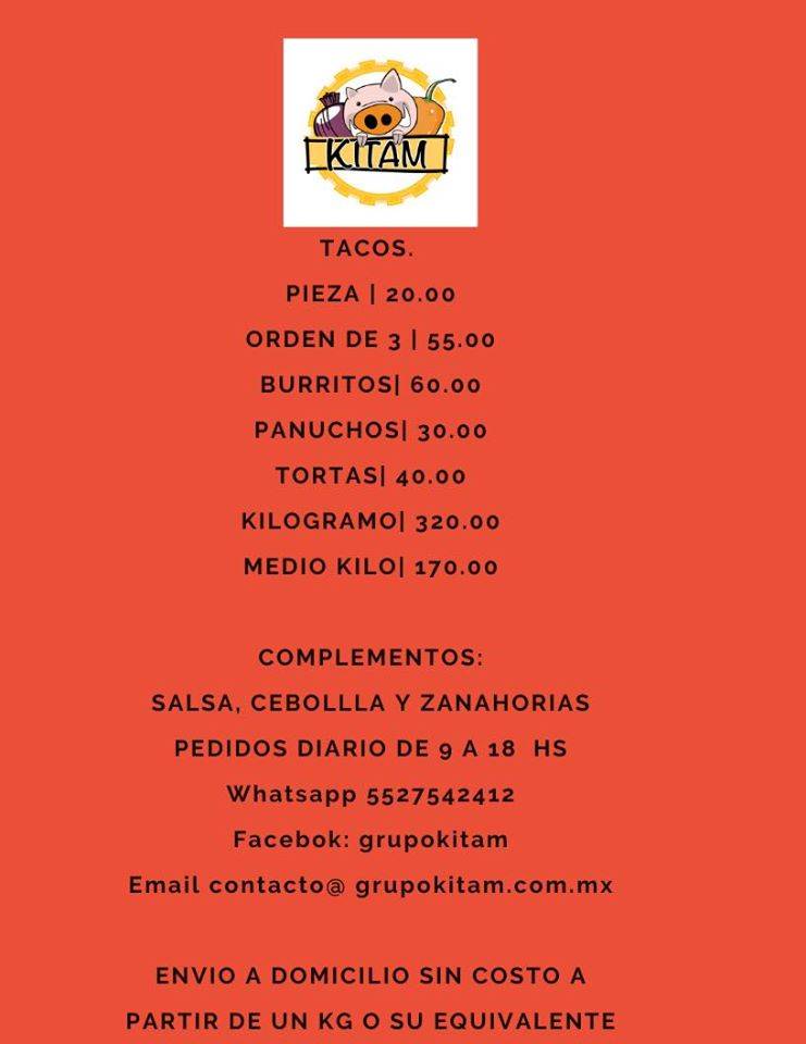 Carta del restaurante grupo kitam, Ciudad del México
