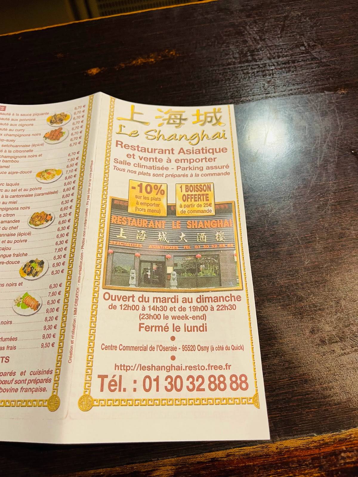 Menu at le Shanghaï restaurant, Osny, 2 Chem. du Poirier Charles Guérin
