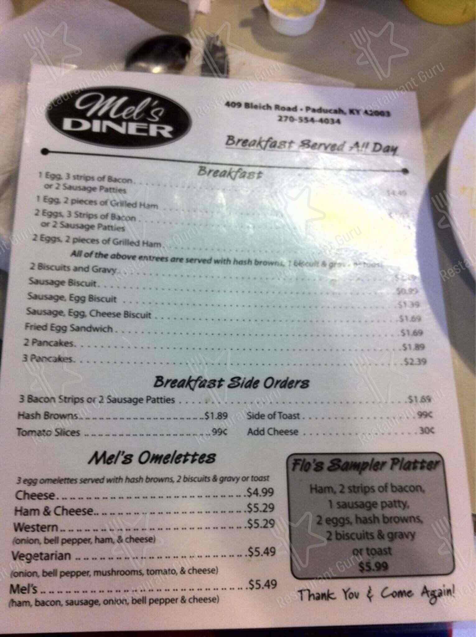Menu at Mel's Diner cafe, Paducah