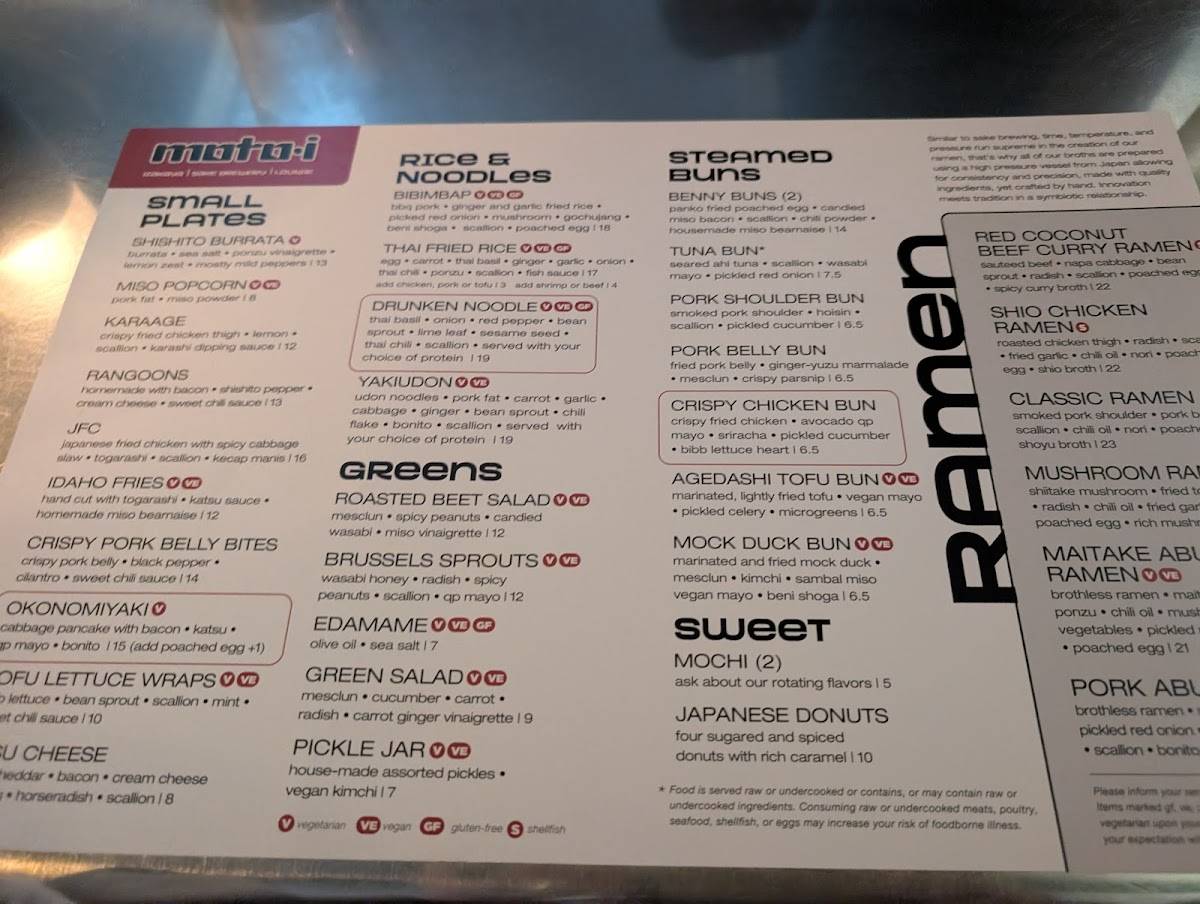 Menu at moto-i restaurant, Minneapolis