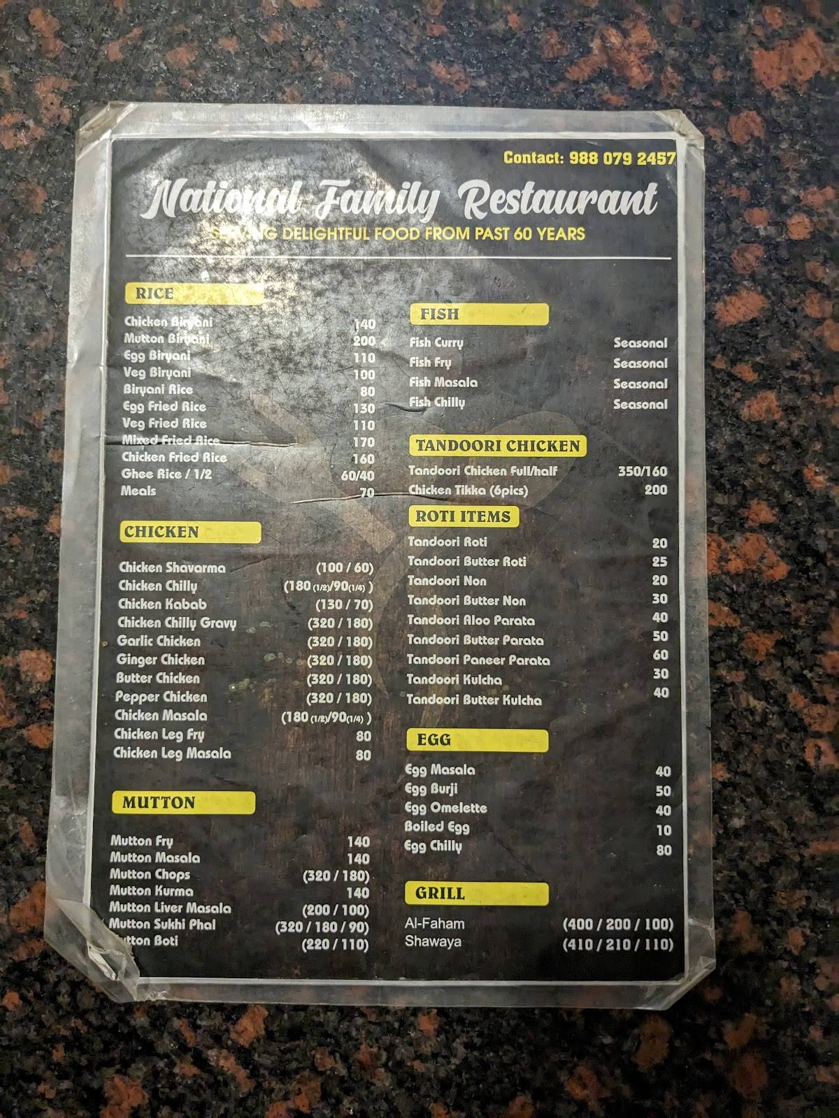 Menu at national restaurant, Mysuru