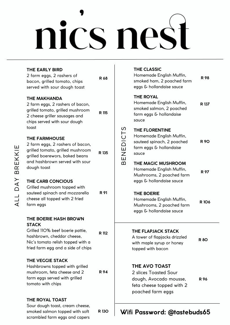 Menu at nic's nest restaurant, Grahamstown
