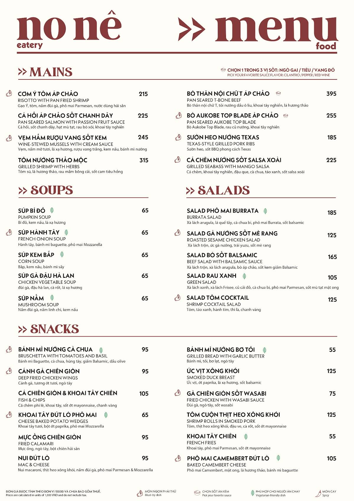 Menu at no nê eatery restaurant, Ho Chi Minh City, 48 Đường Nguyễn Văn Mai