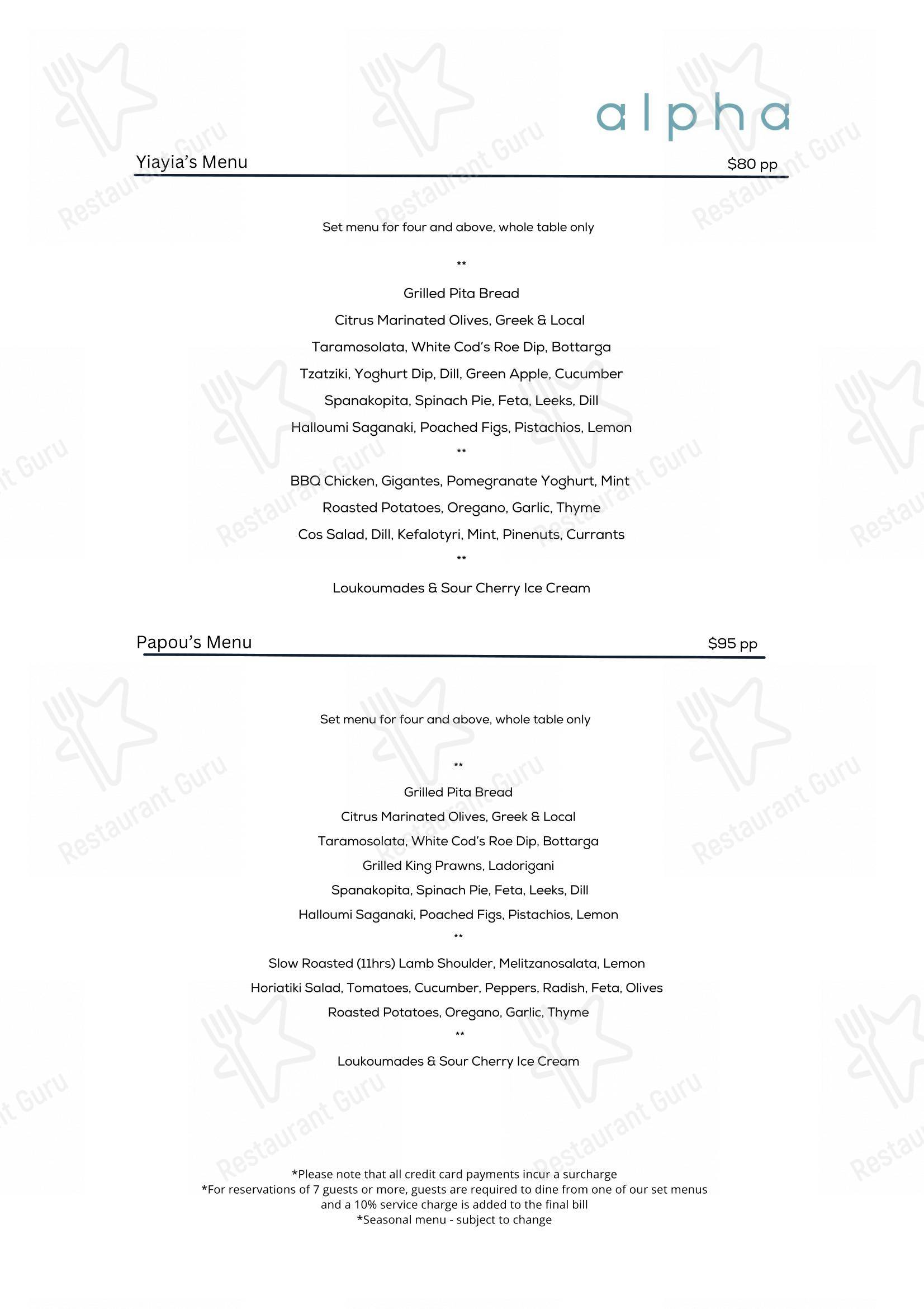 Menu at Alpha Dining restaurant, Sydney
