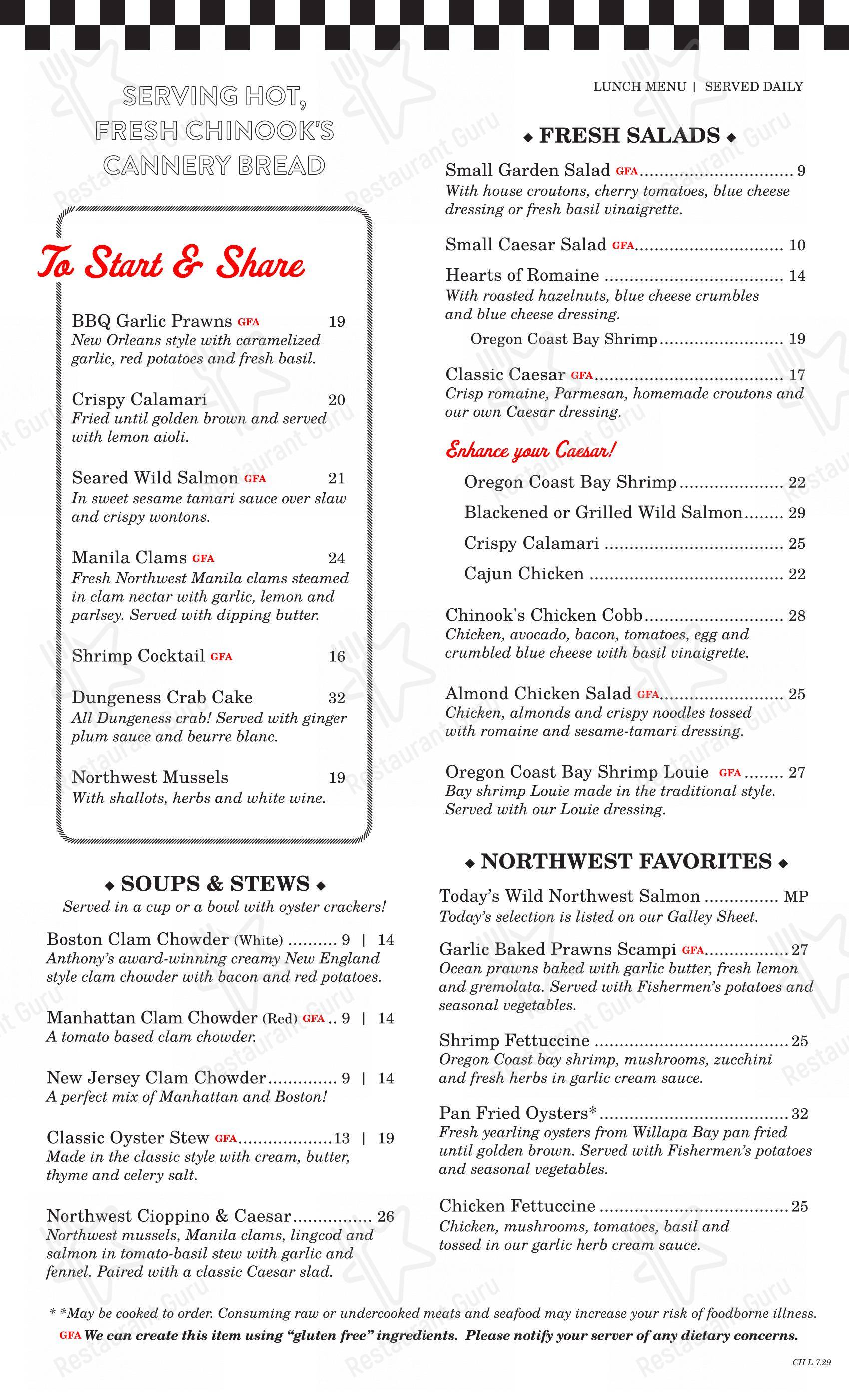 Menu at Anthony's At Point Defiance restaurant, Tacoma