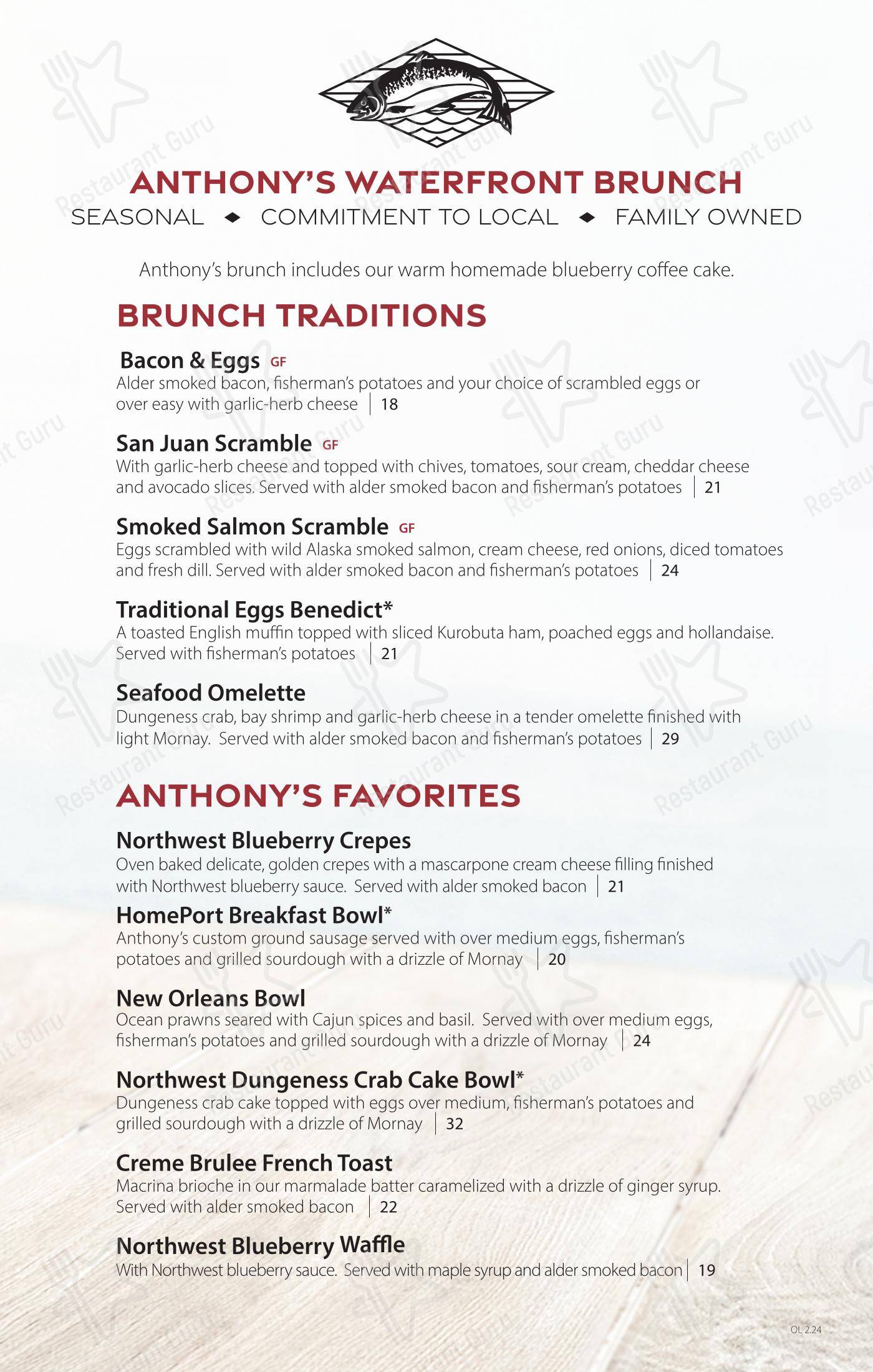 Menu at Anthony's At Point Defiance restaurant, Tacoma