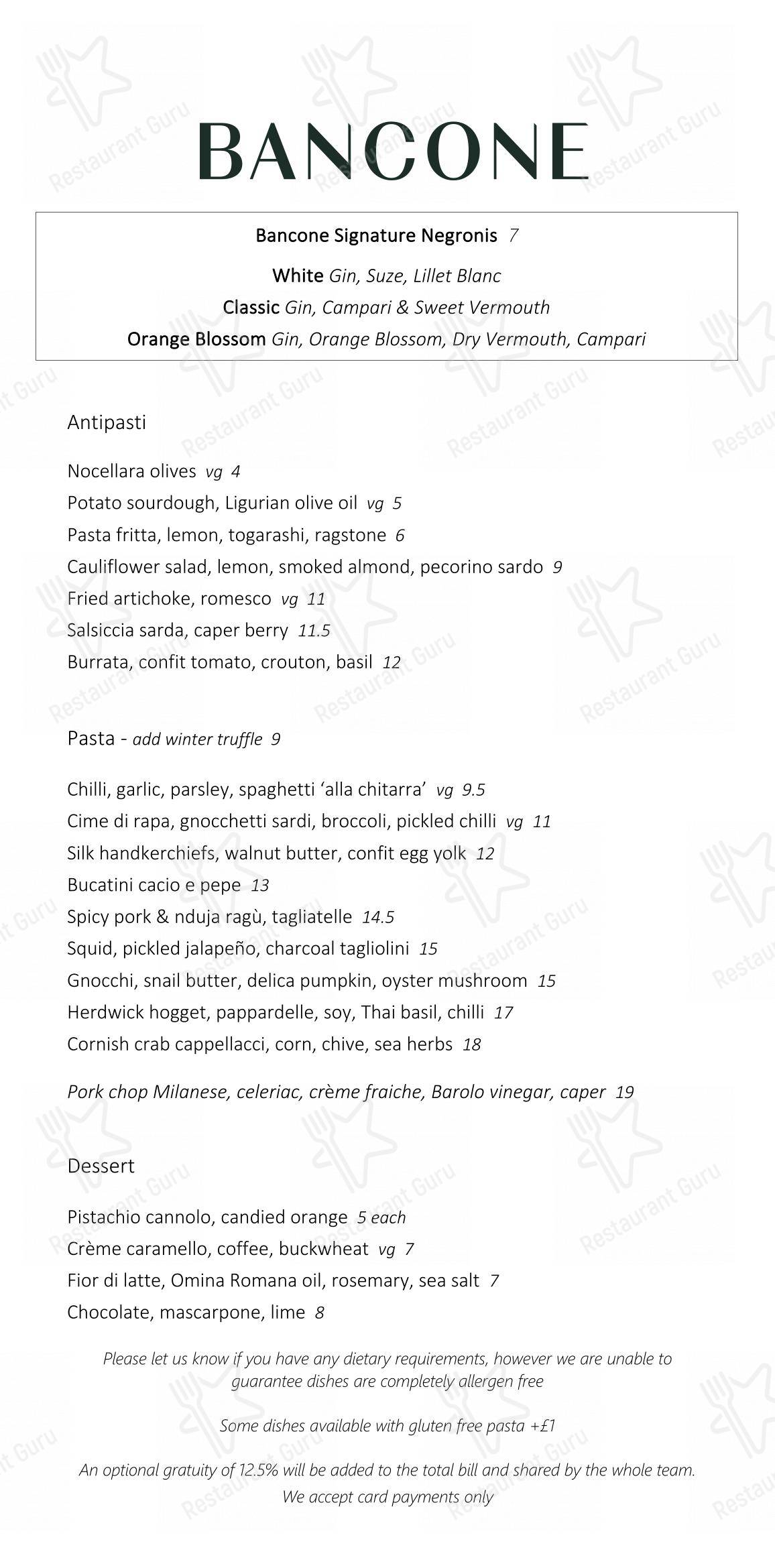 Menu at Bancone Covent Garden restaurant, London, 39 William IV St