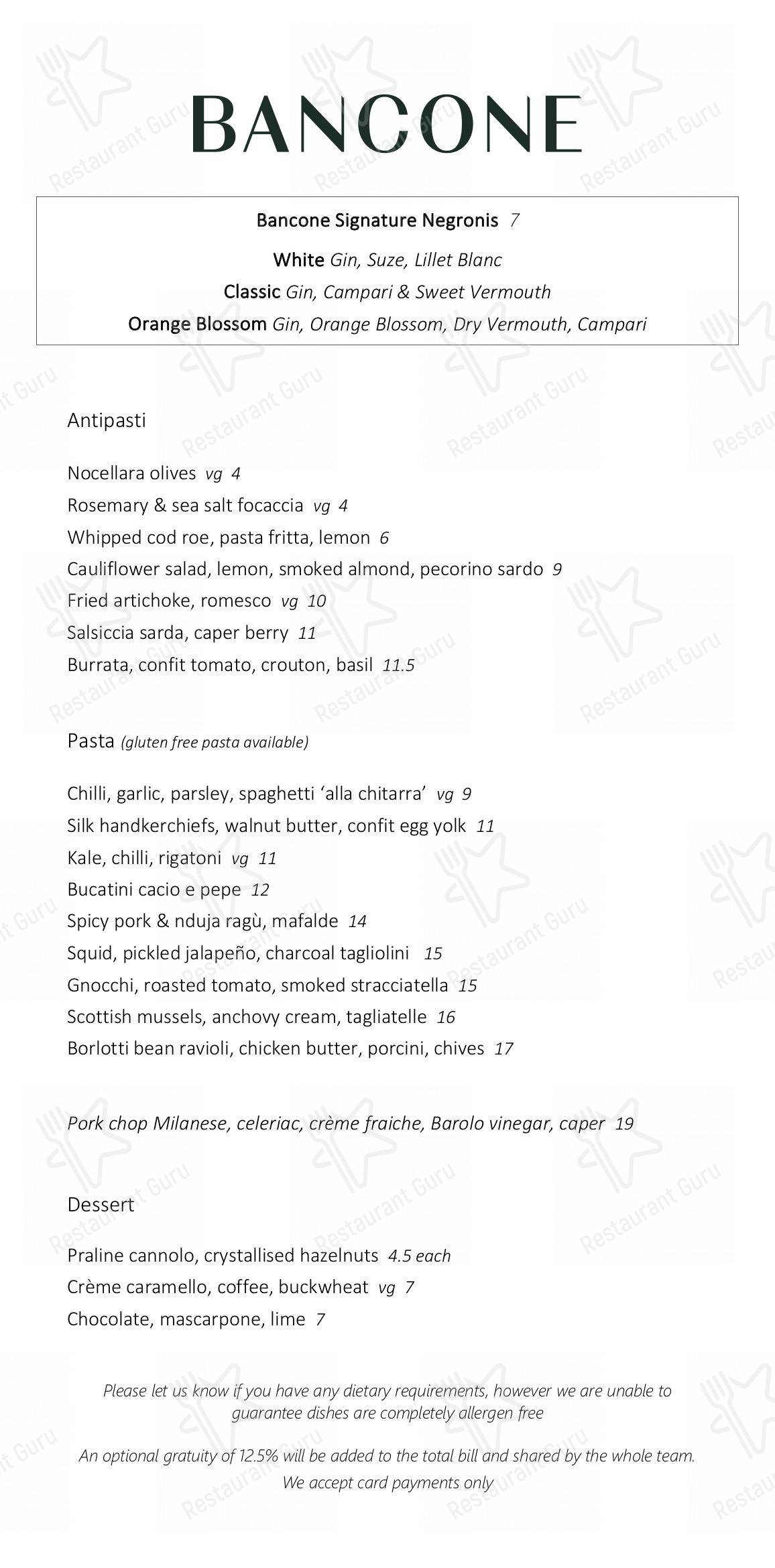 Menu at Bancone Covent Garden restaurant, London, 39 William IV St