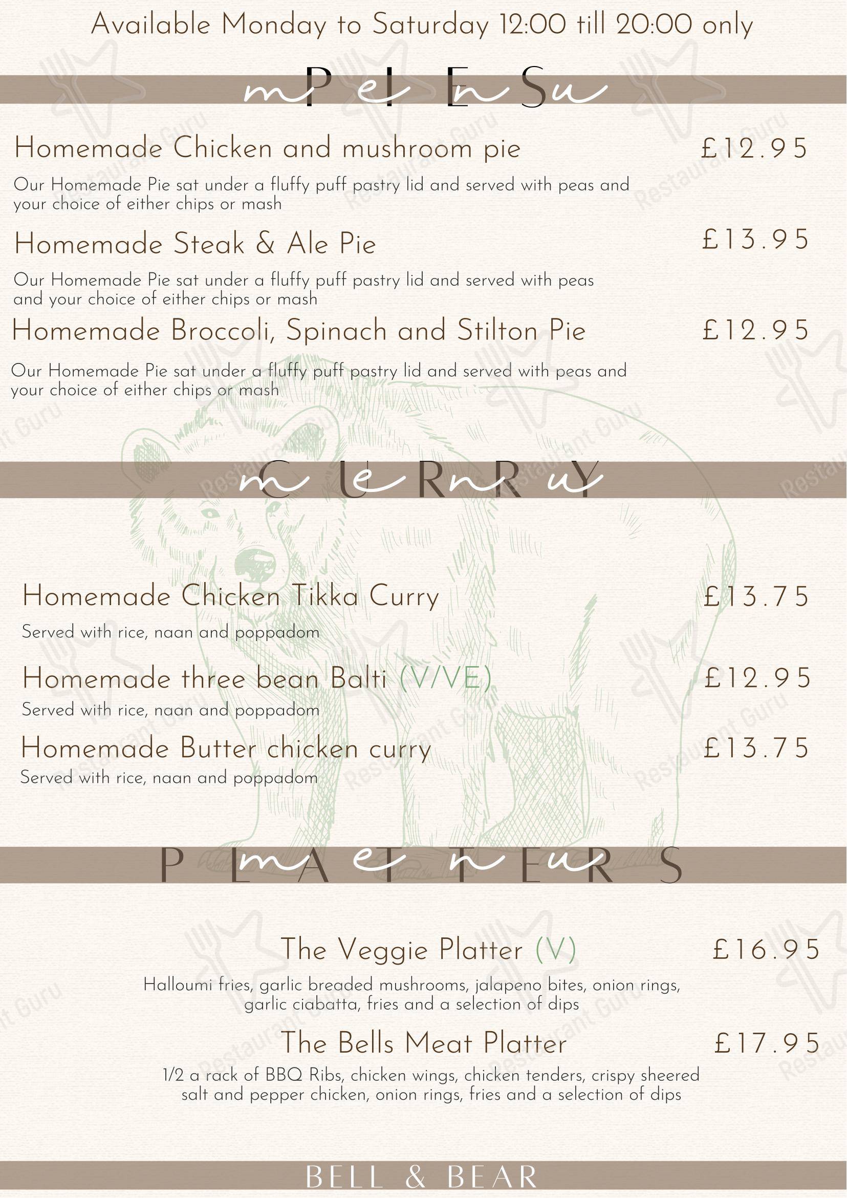 Menu at Bell & Bear Inn pub & bar, Rowley Regis