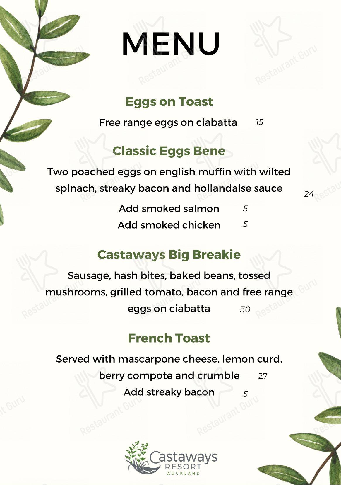 Menu at Castaways Restaurant & Bar, Waiuku, 685 Karioitahi Rd