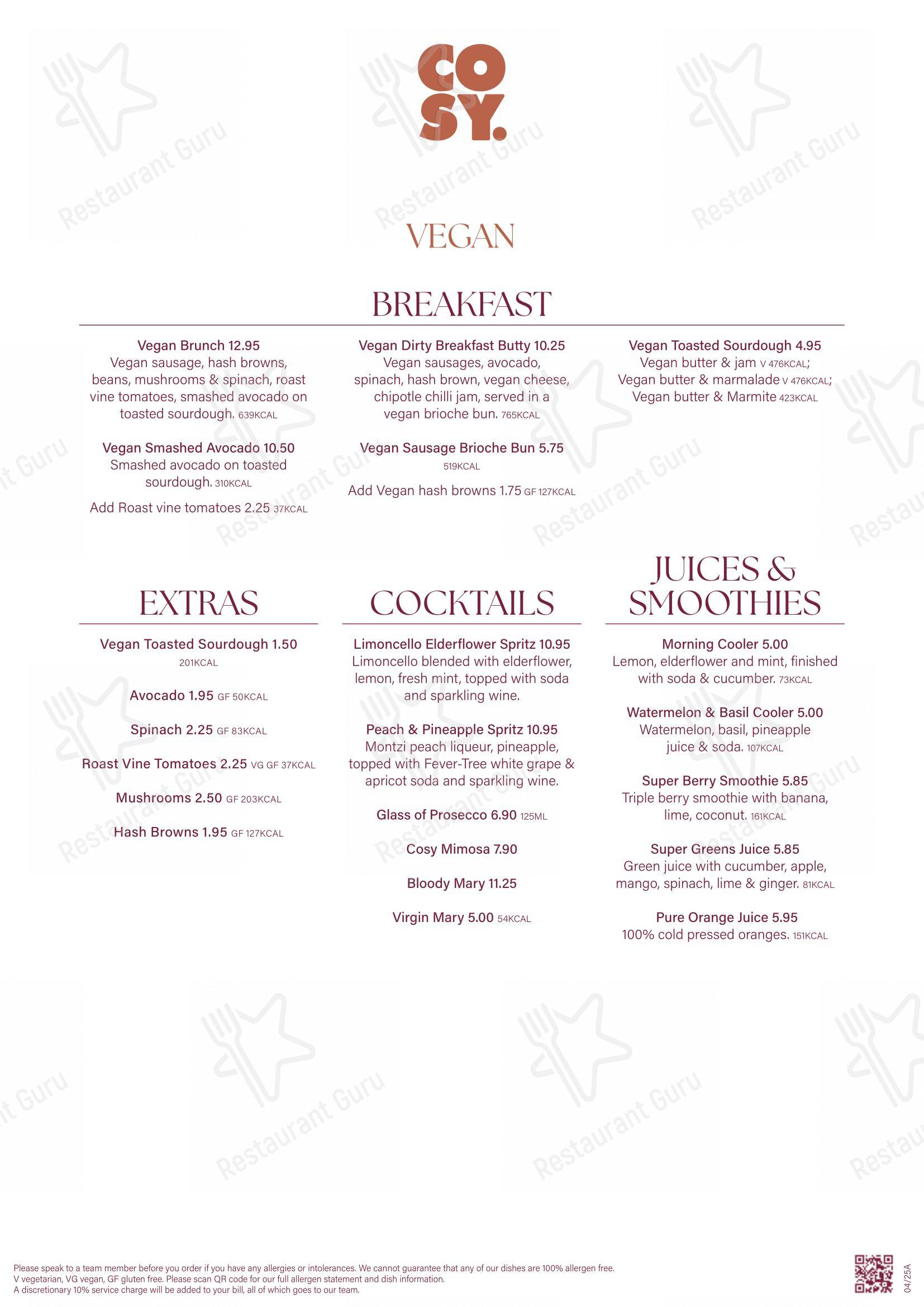 Menu at Cosy Club, Norwich