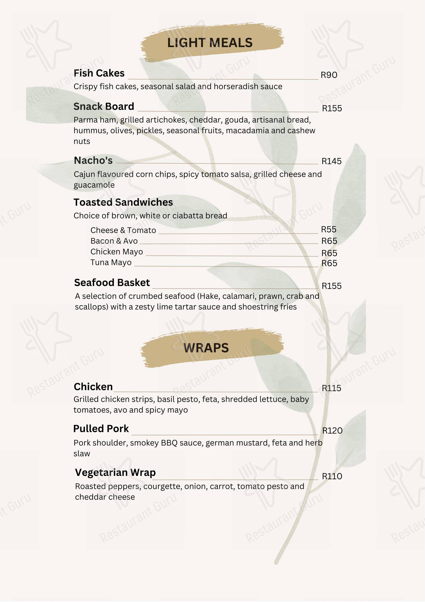 Menu at Cradle Moon Lakeside Game Lodge restaurant, Roodepoort