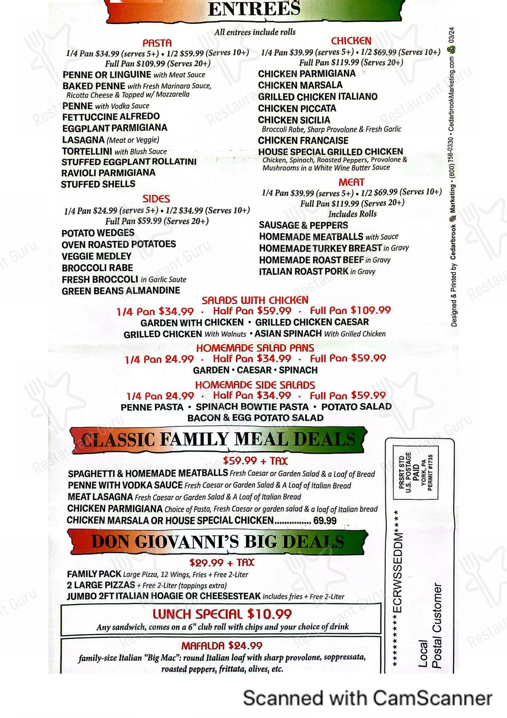 Menu at Don Giovanni's Classic Bakery, Feasterville-Trevose