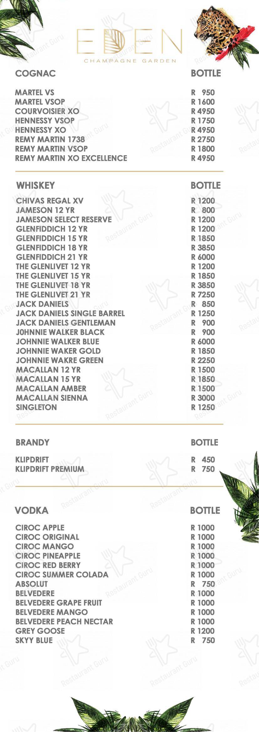 Menu at Eden Champagne Garden restaurant, Berea