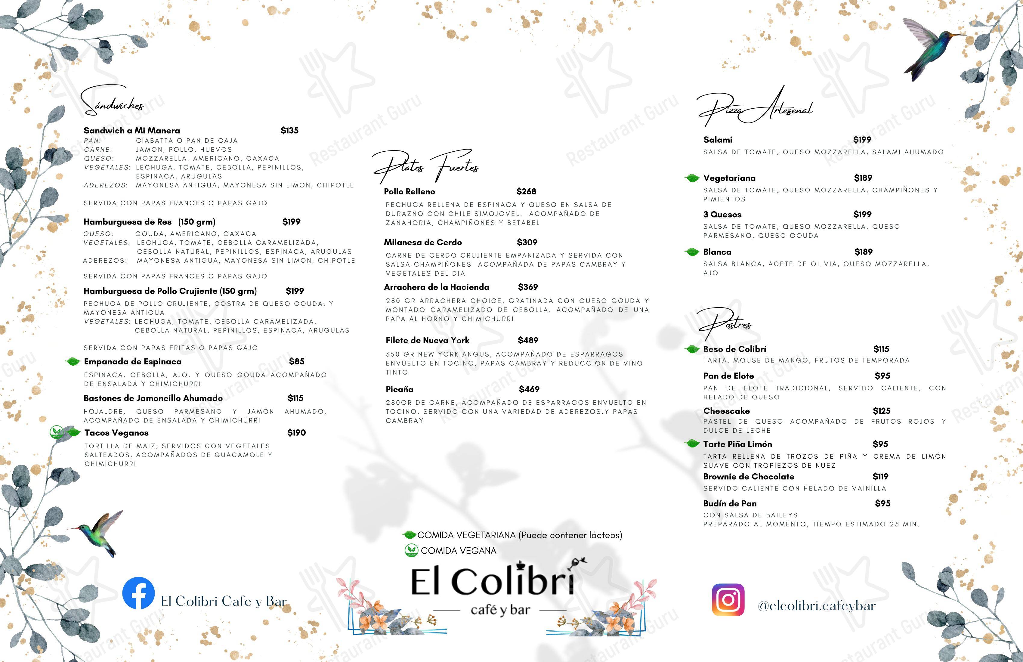 Carta de El Colibri Café & Wine Bar San Cristóbal, San Cristóbal de las ...