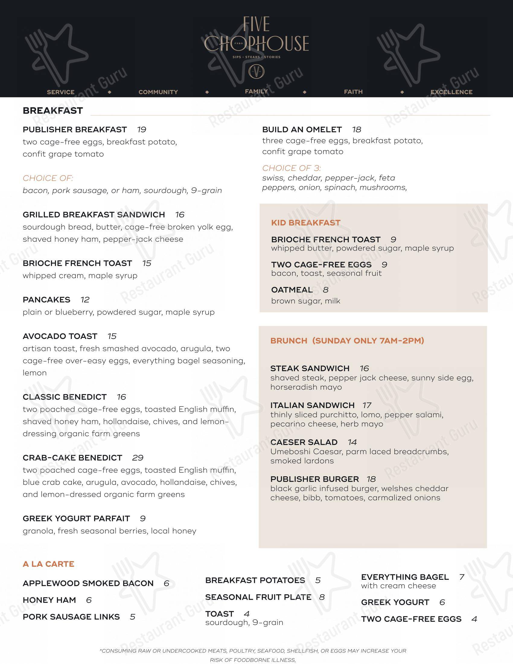 Menu at Five Chophouse & Bar, Fredericksburg
