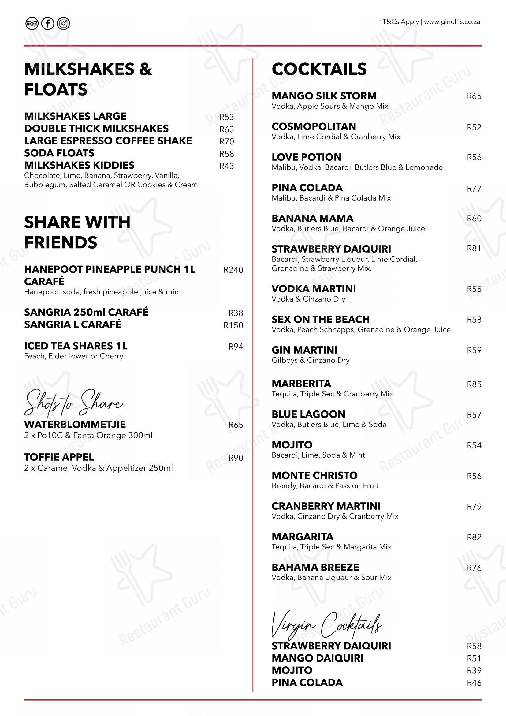 Menu at Ginellis Restaurant, Middelburg, Shop no. 3