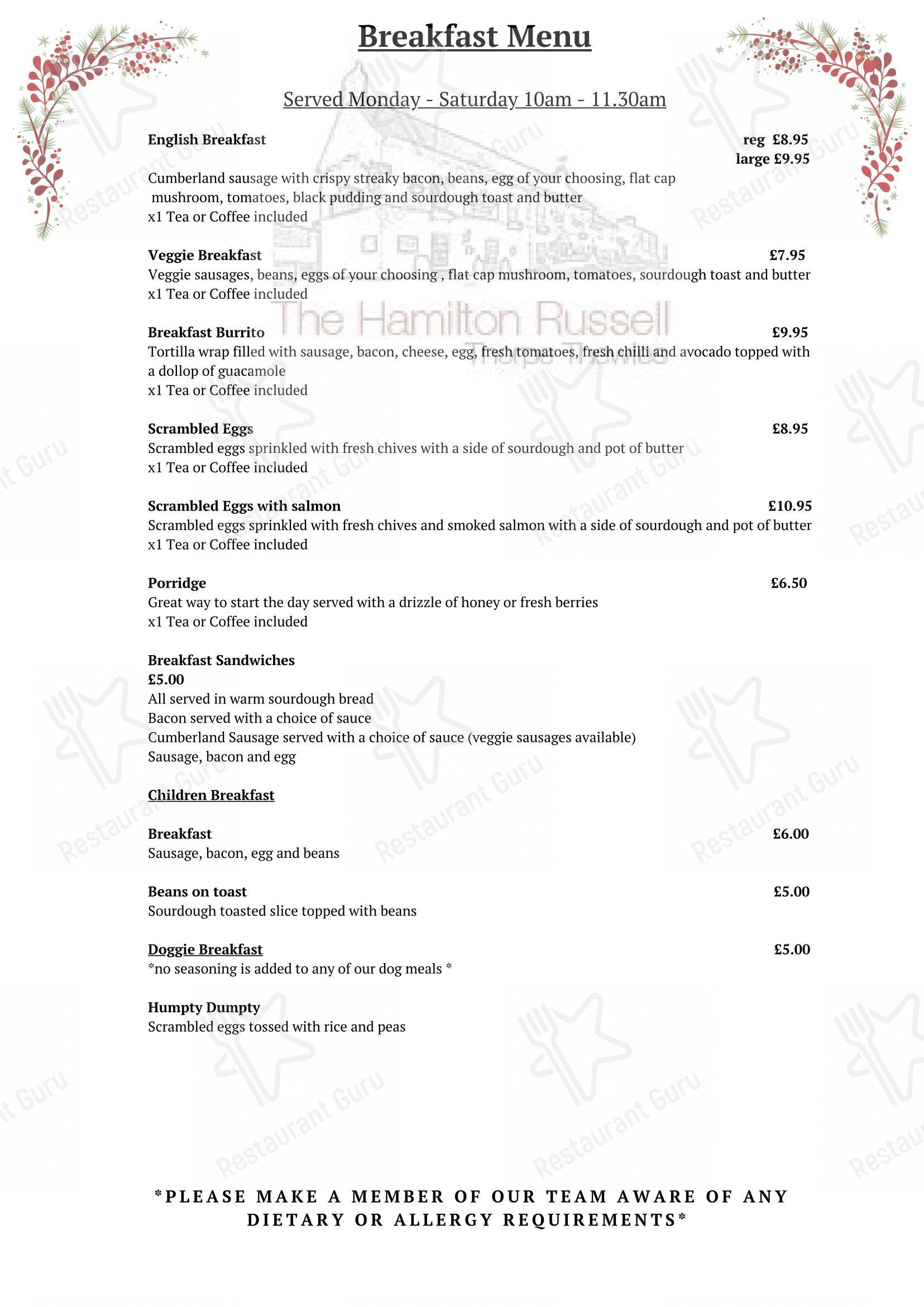Menu at Hamilton Russell Arms pub & bar, Stockton-on-Tees