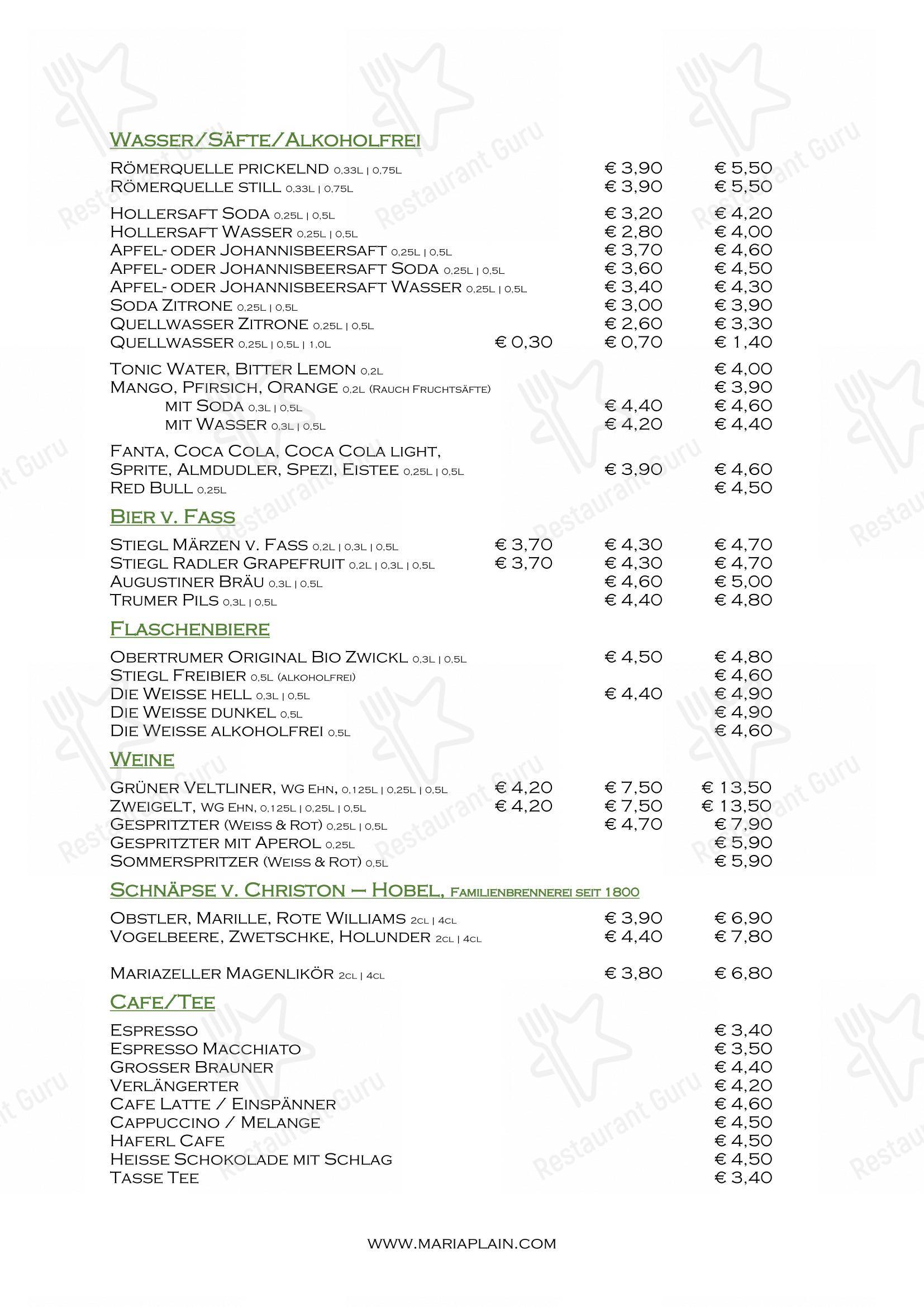 Speisekarte von Gasthof Maria Plain restaurant, Bergheim bei Salzburg